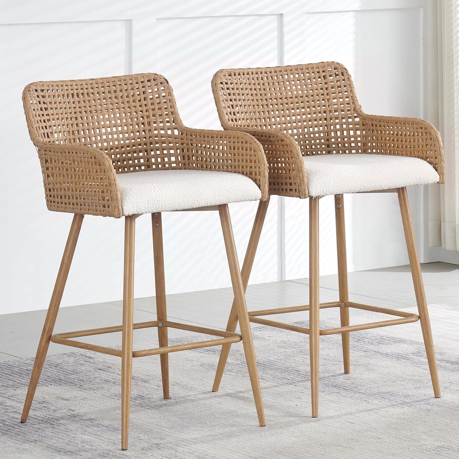 Rattan Counter Height Bar Stools Set of 2, 26'' Modern Bar Stools with ...