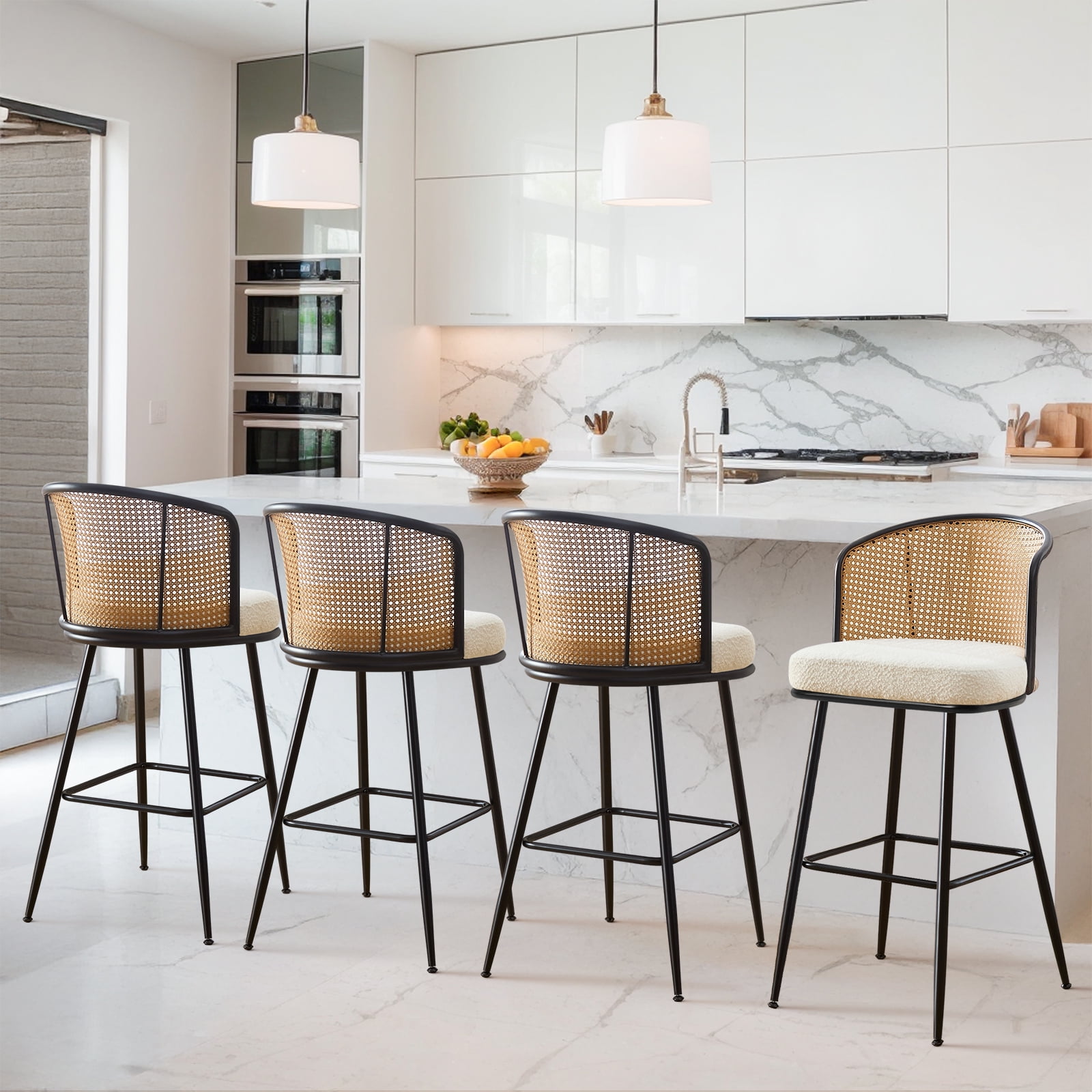 Rattan Counter Height Bar Stools Set 2 Modern 26"Upholstered Barstools ...