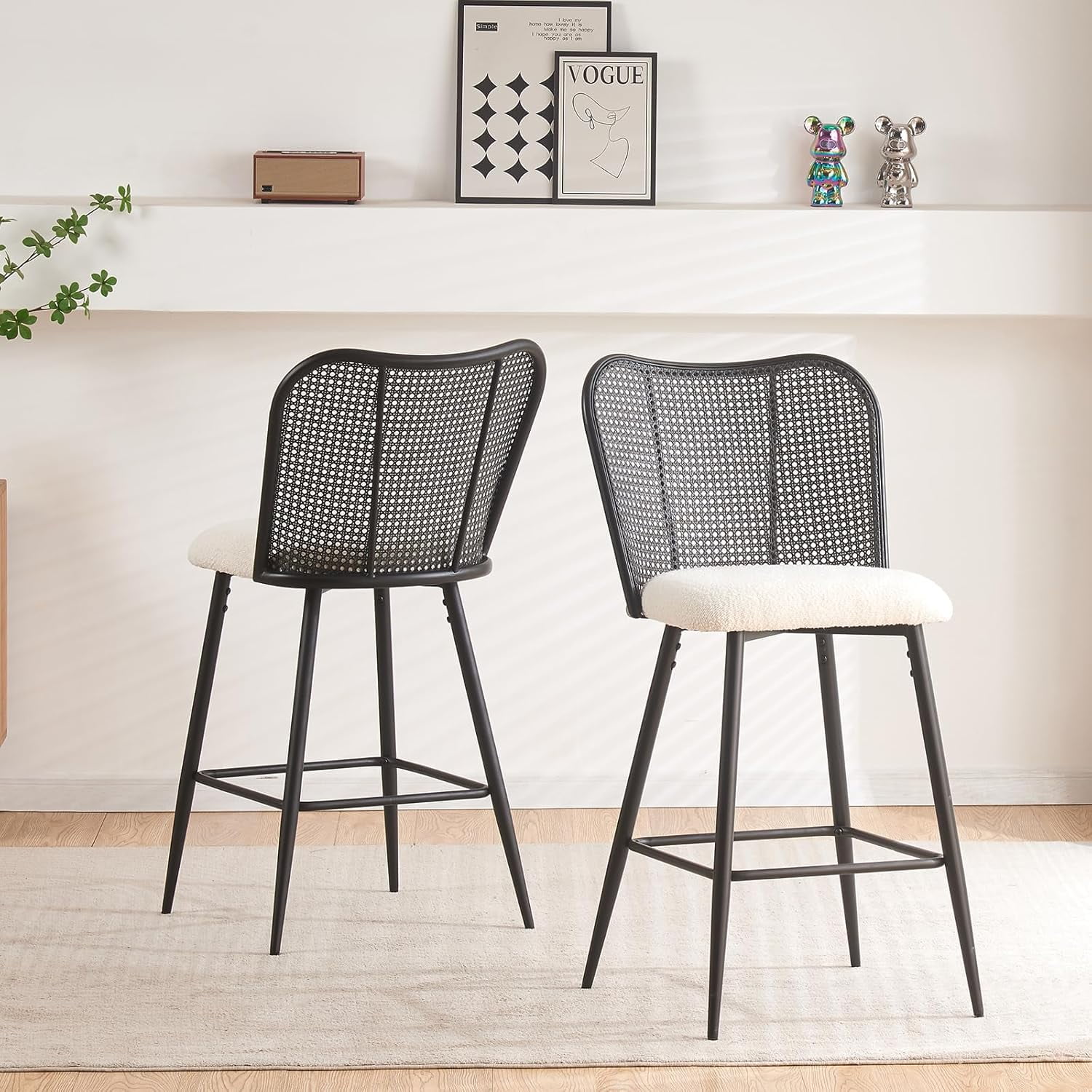 Rattan Counter Height Bar Stools Set of 2,Modern Boucle Fabric ...