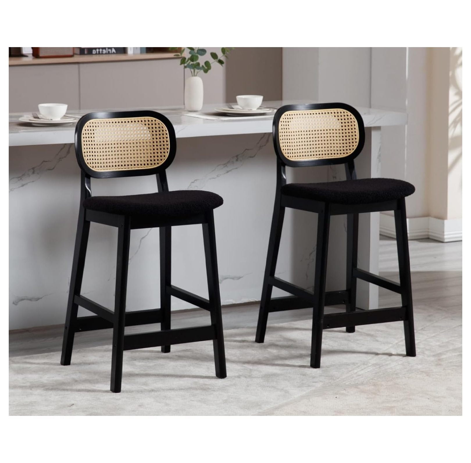Rattan Counter Height Bar Stools Set of 2 Upholstered Barstools with ...