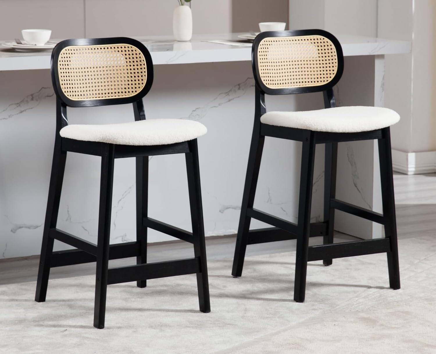 Rattan Counter Height Bar Stools Set of 2 Upholstered Sherpa Barstools ...