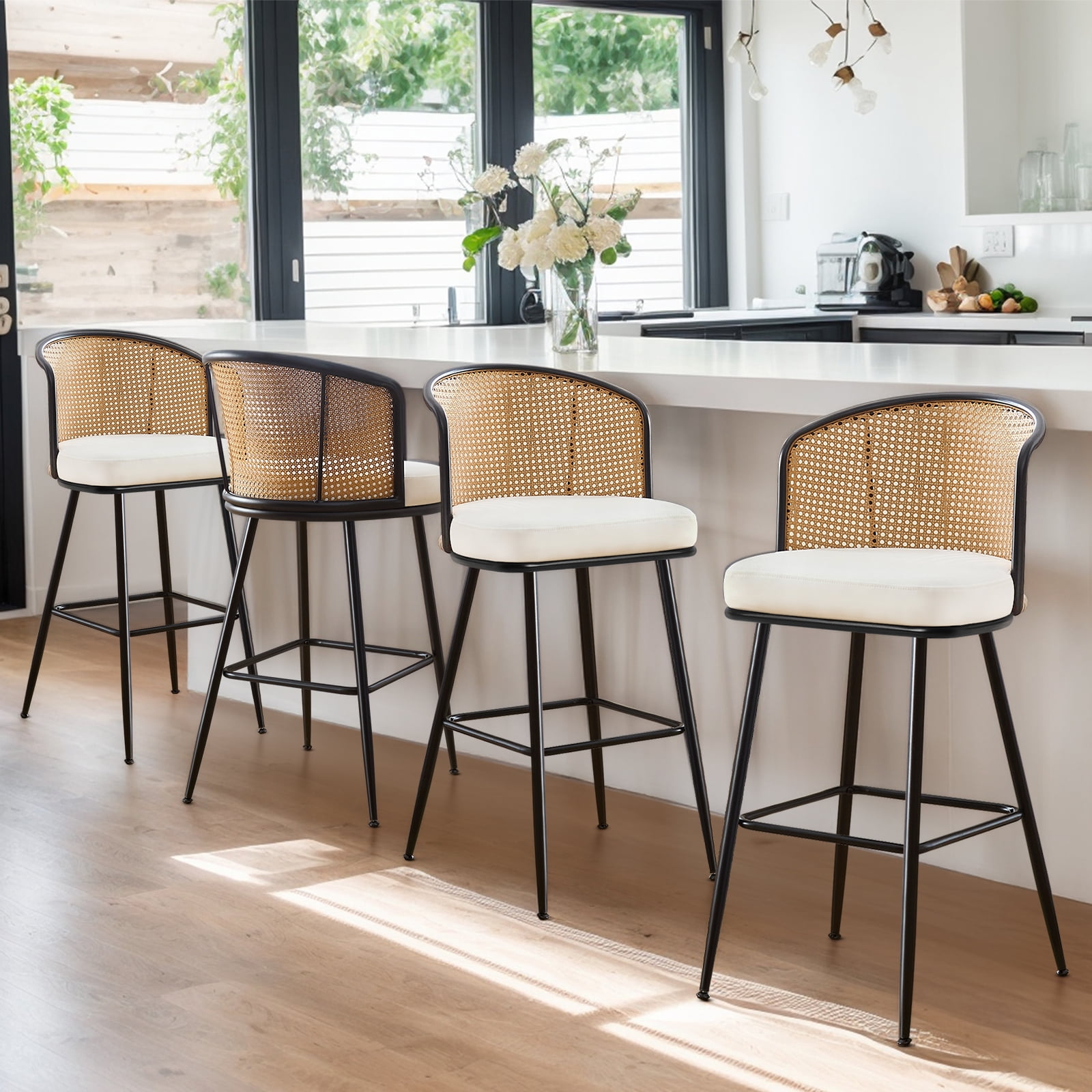 Rattan Counter Height Bar Stools Set 3 Modern 29"Faux Leather Barstools ...