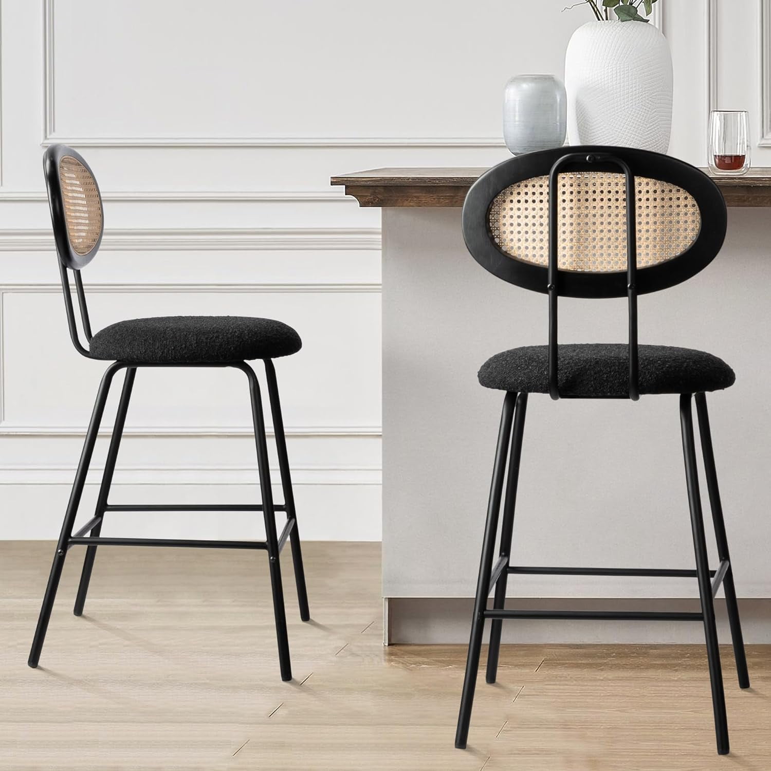 Rattan Counter Height Bar Stools Set of 2 Black Boucle Barstools with ...