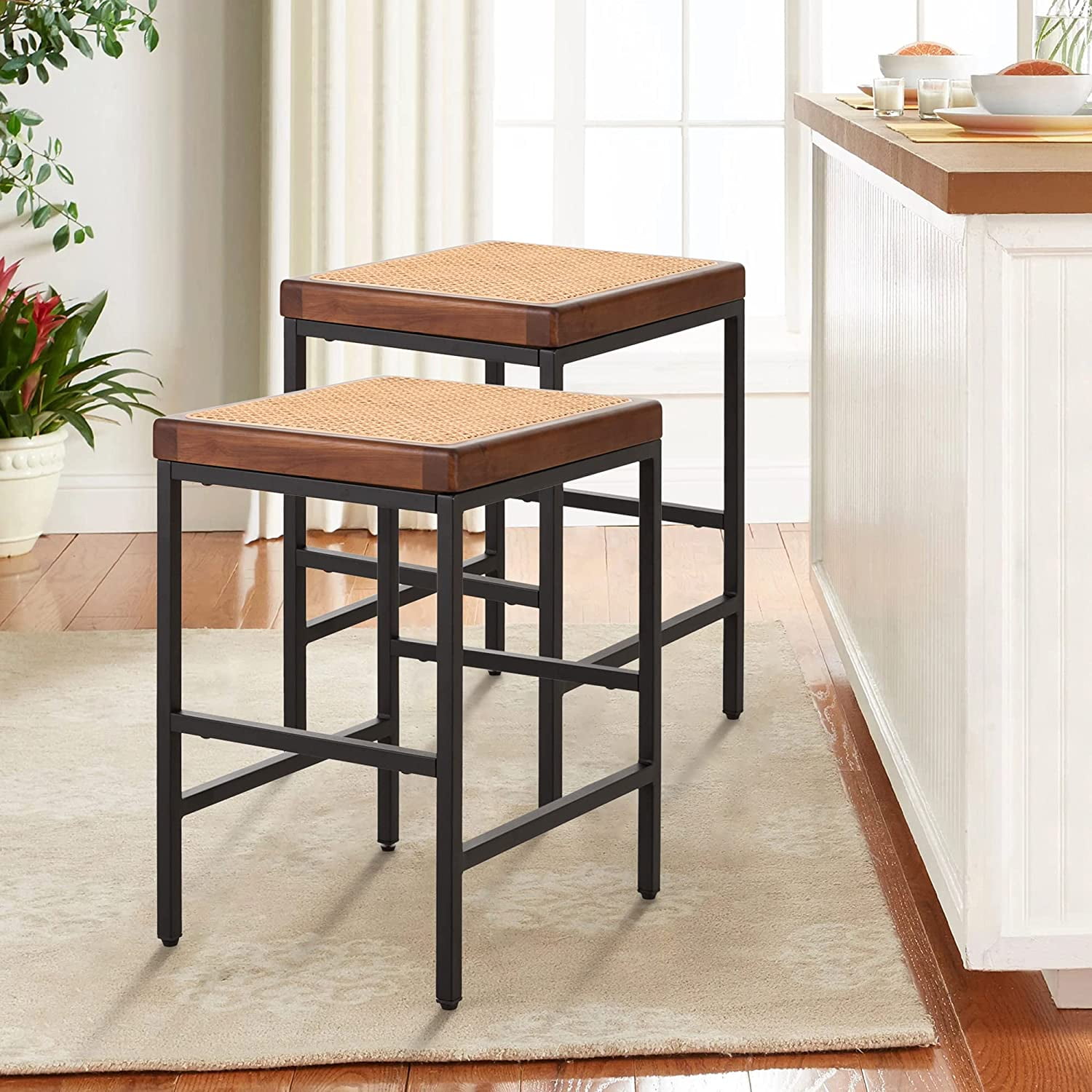 Rattan Counter Height Bar Stools Set of 2, Mid-Century Modern Bar Chair ...