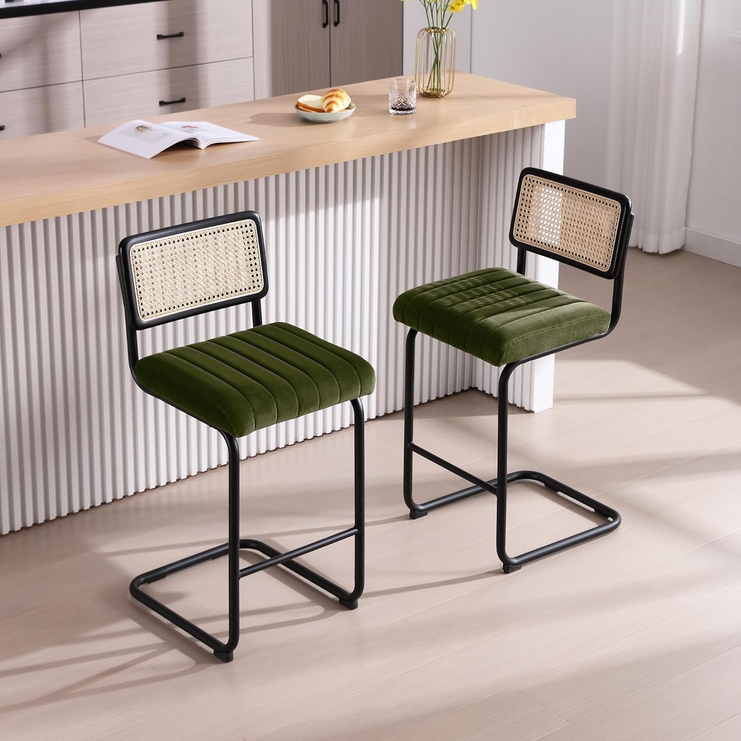 Rattan Counter Height Bar Stools Set of 2, Velvet Counter Stools for ...
