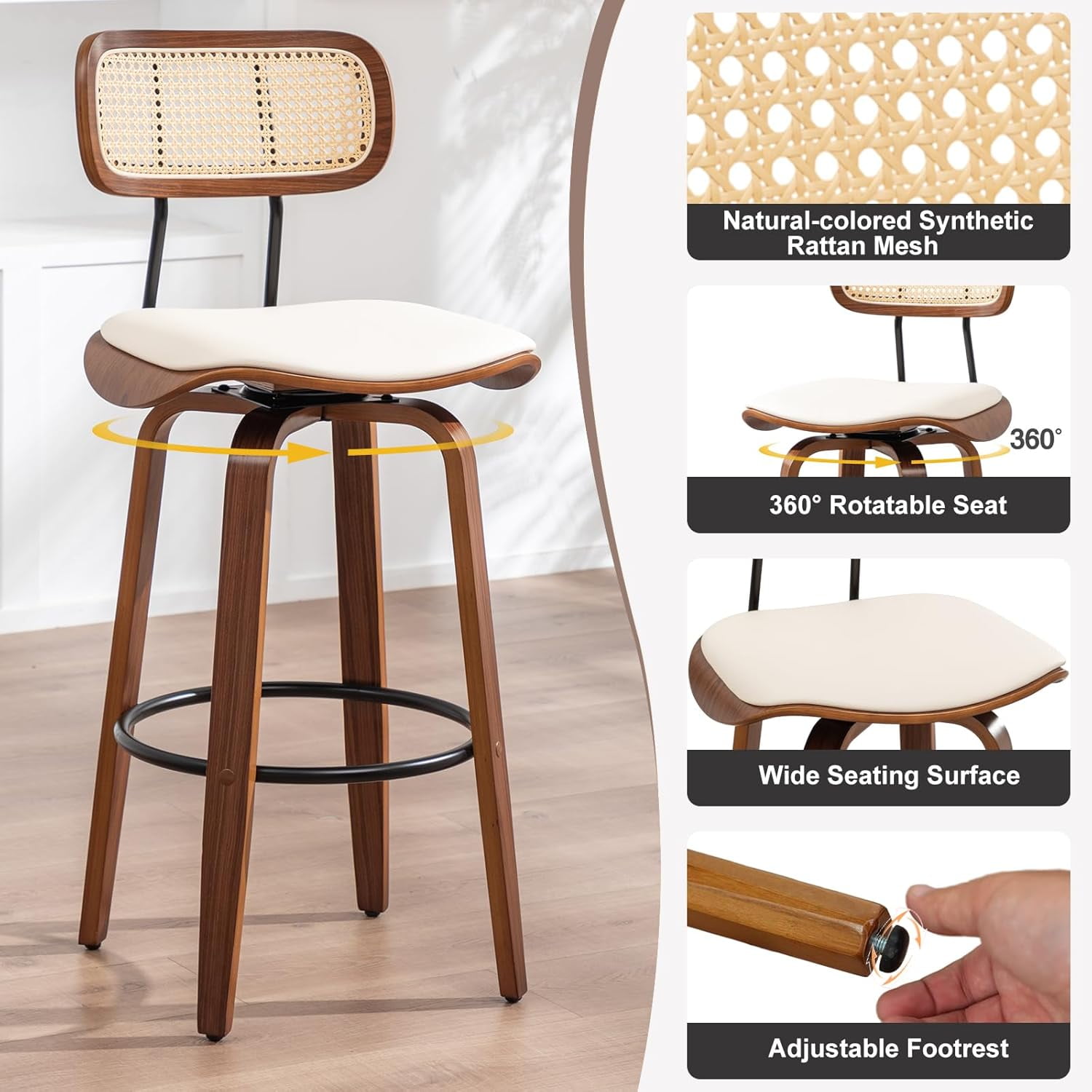 Rattan Counter Height Bar Stools, Swivel Stools with Cane Back ...