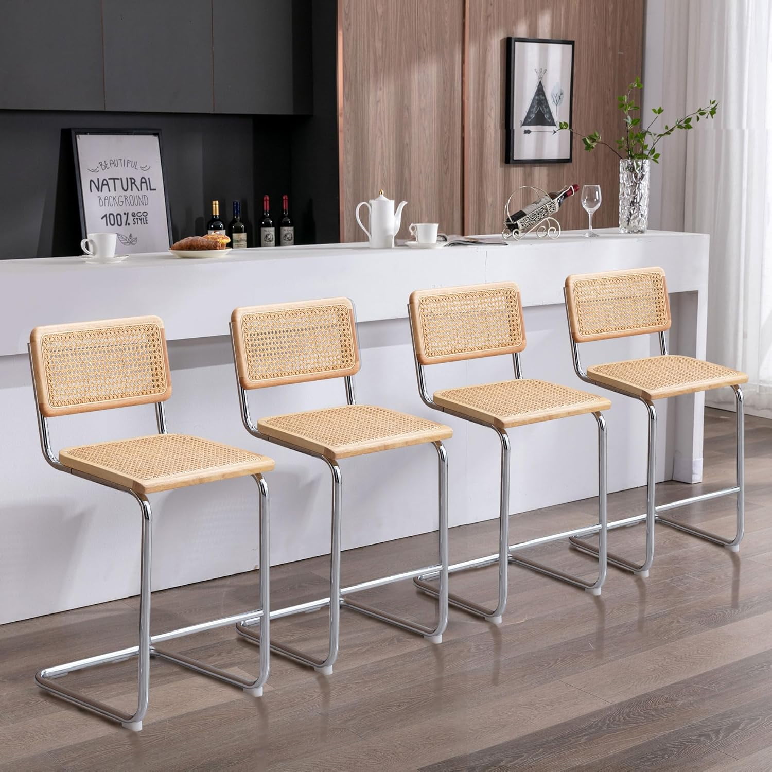 Rattan Counter Stools Set of 2, 24 Inch Modern Bar Stools with Cane ...