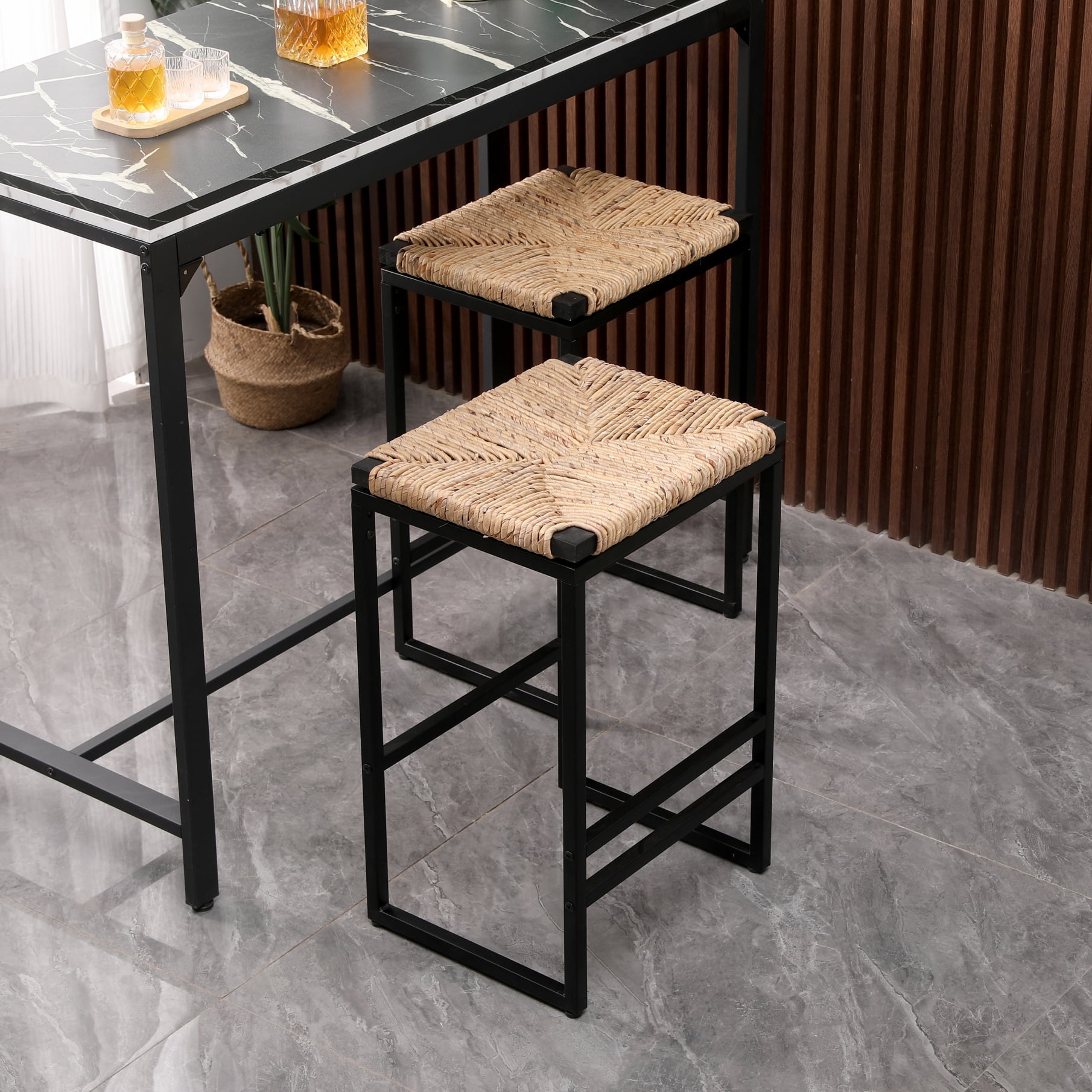 Rattan Counter Stools Set of 2, Bar Height Stools with Footrest ...