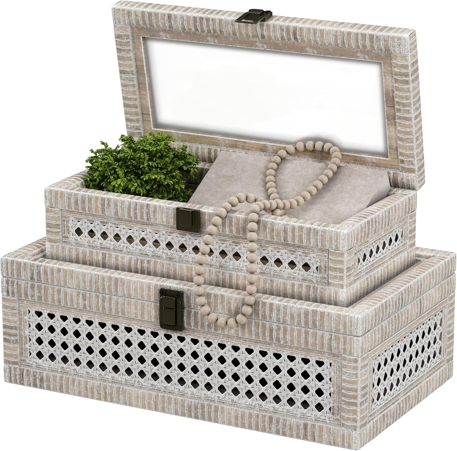 Rattan Decorative Box,Boho Display Boxes with Lids,Set of 2 Rectangular ...