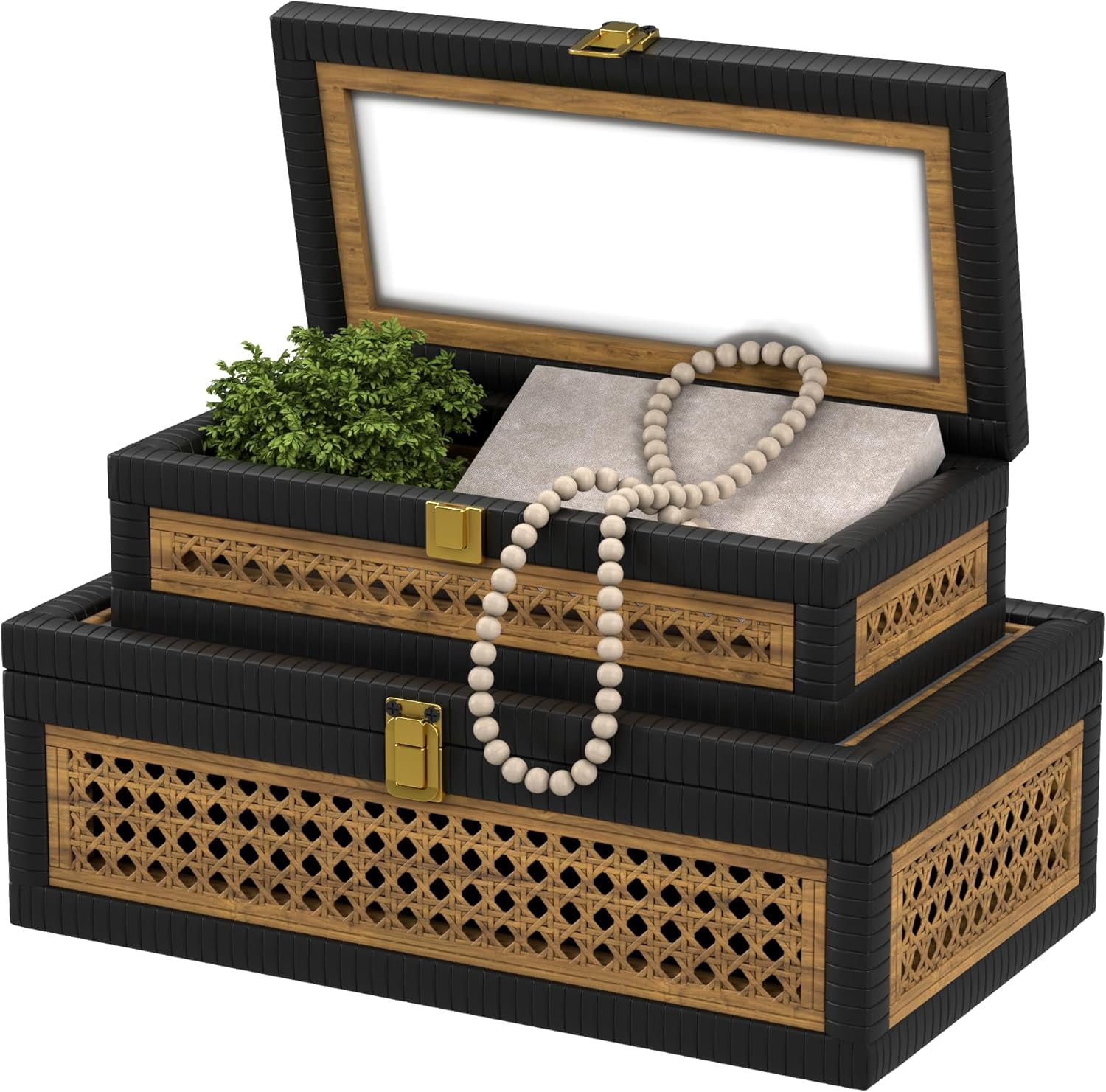 Rattan Decorative Box,Boho Display Boxes with Lids,Set of 2 Rectangular ...