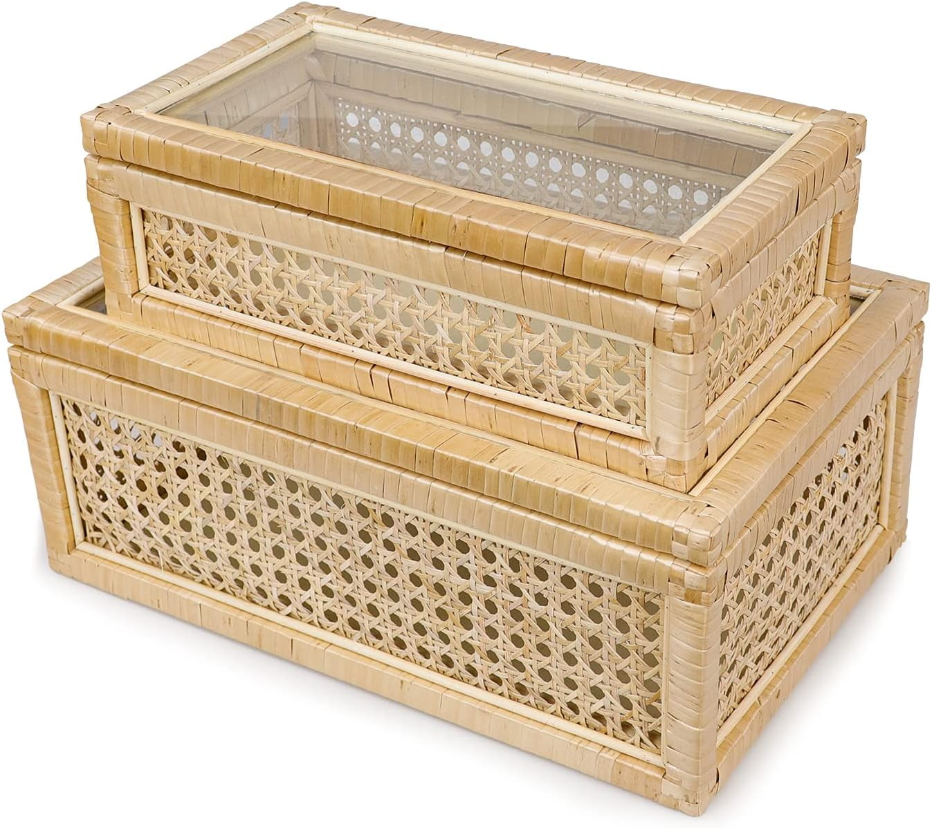 Rattan Decorative Box with Glass Lids, Set of 2 Rectangular Decorative ...