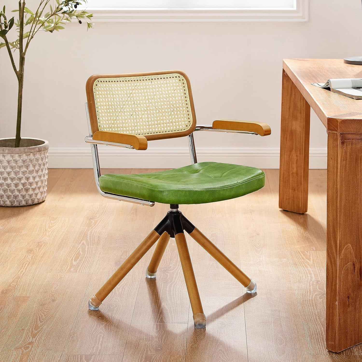 Rattan Desk Chair - Faux Leather Upholstered Mid Century Office Chair ...