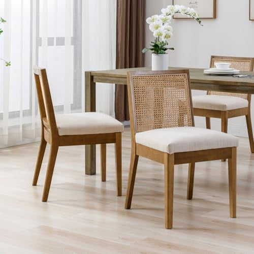 Rattan Dining Chairs Set of 2, Farmhouse Linen Dining Room Chairs ...