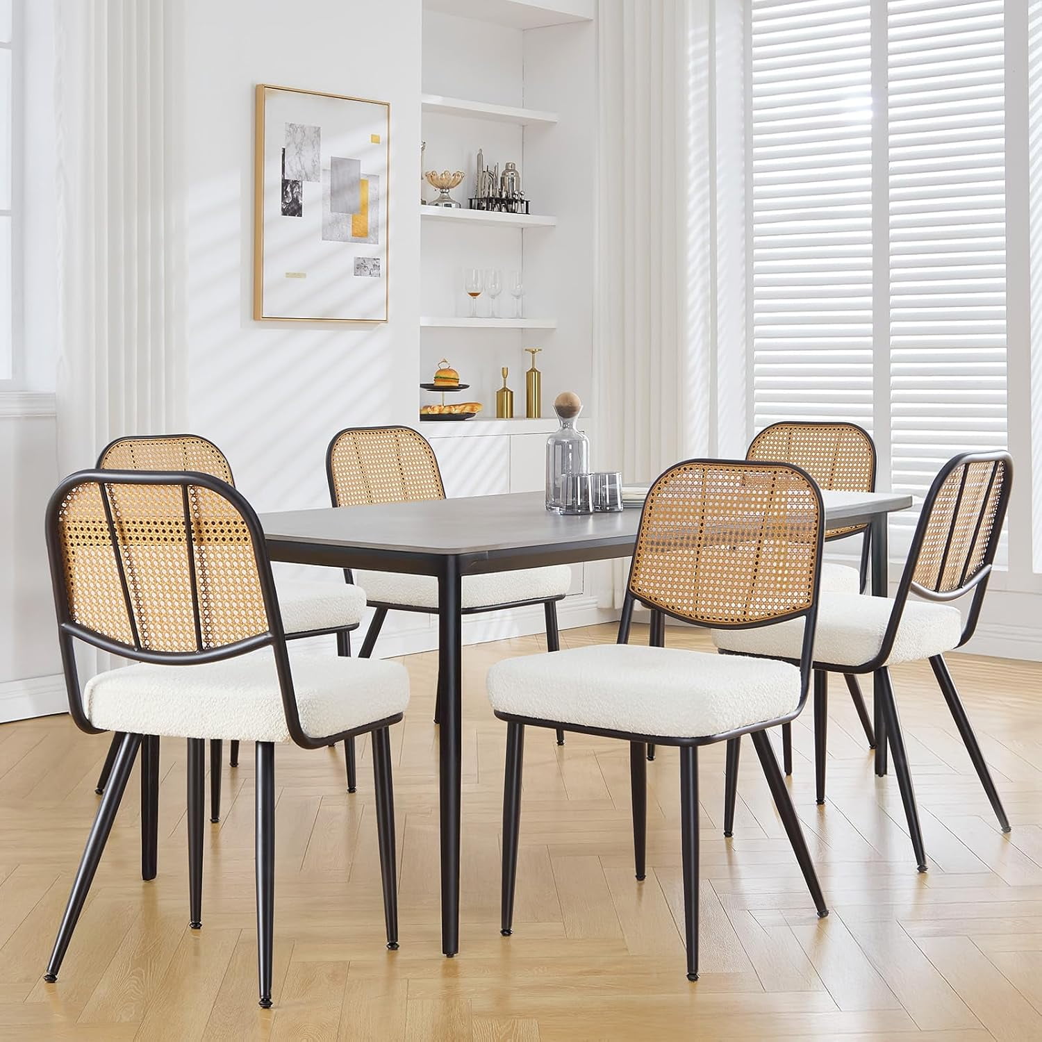 Rattan Dining Chairs Set of 6 [3.15" Thick Comfy Cushion] Modern Boucle ...