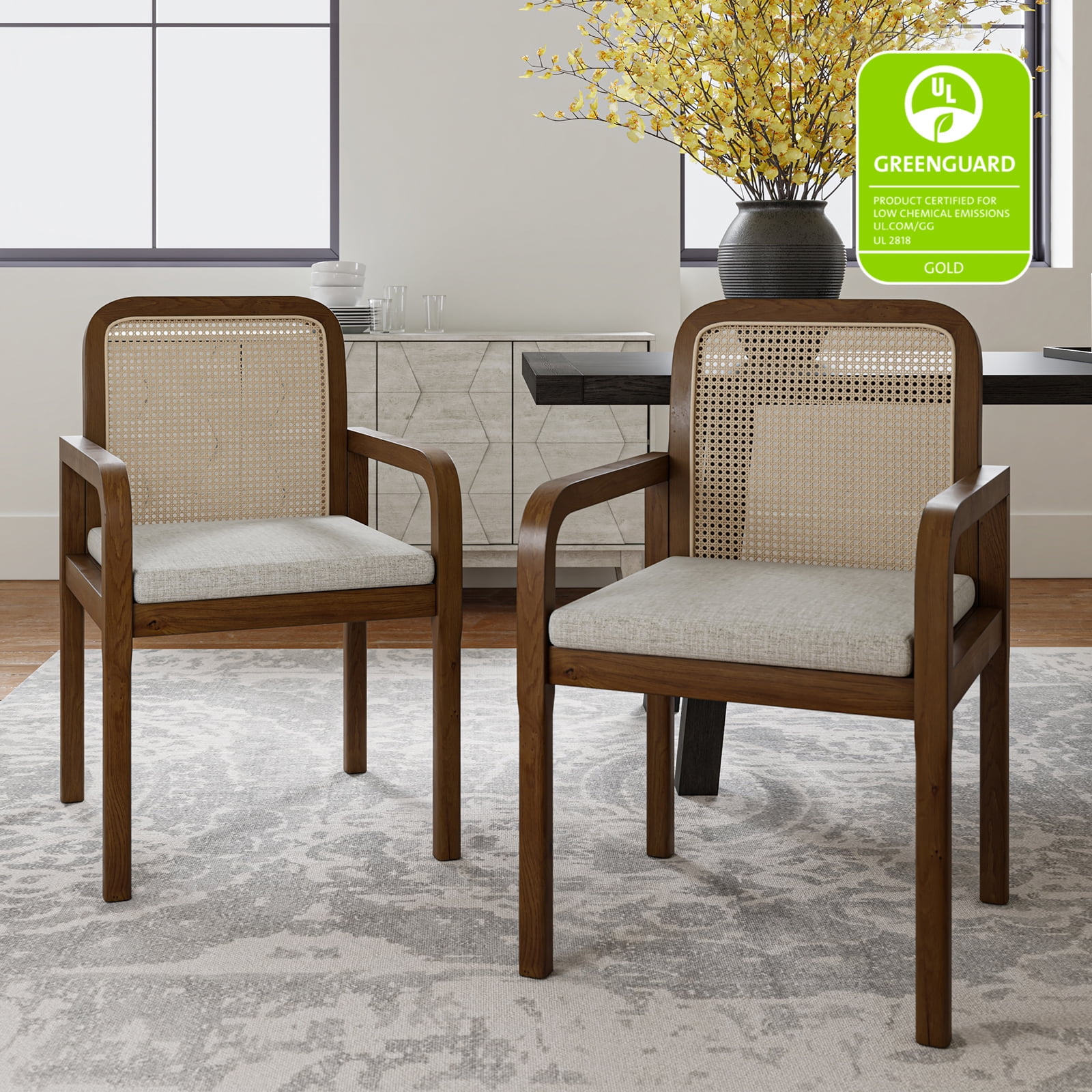Rattan Dining Chairs Set of 2 Wooden Armchairs Removable Cushion Home ...