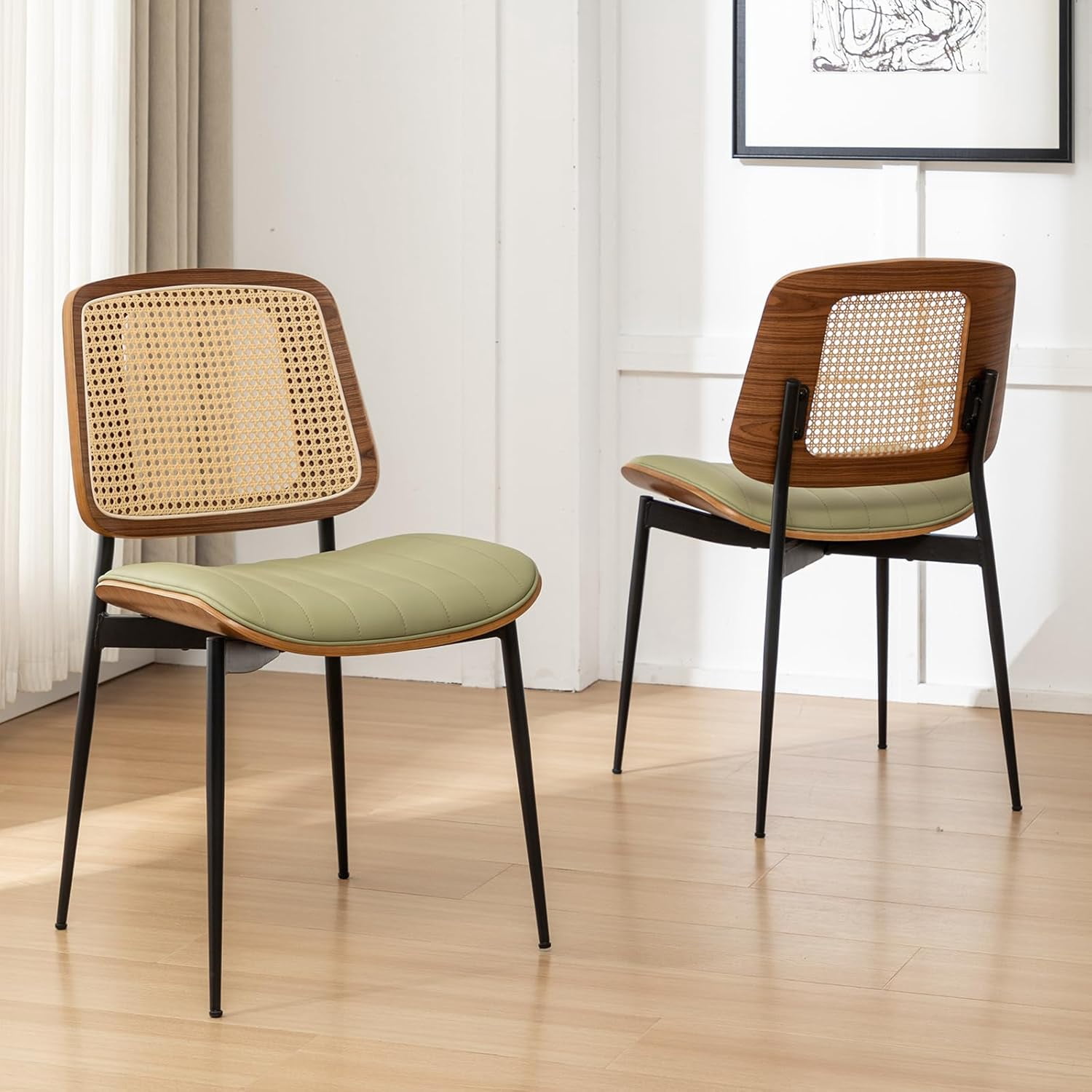 Rattan Dining Room Chairs Set of 4,Mid Century Modern Green PU Leather ...