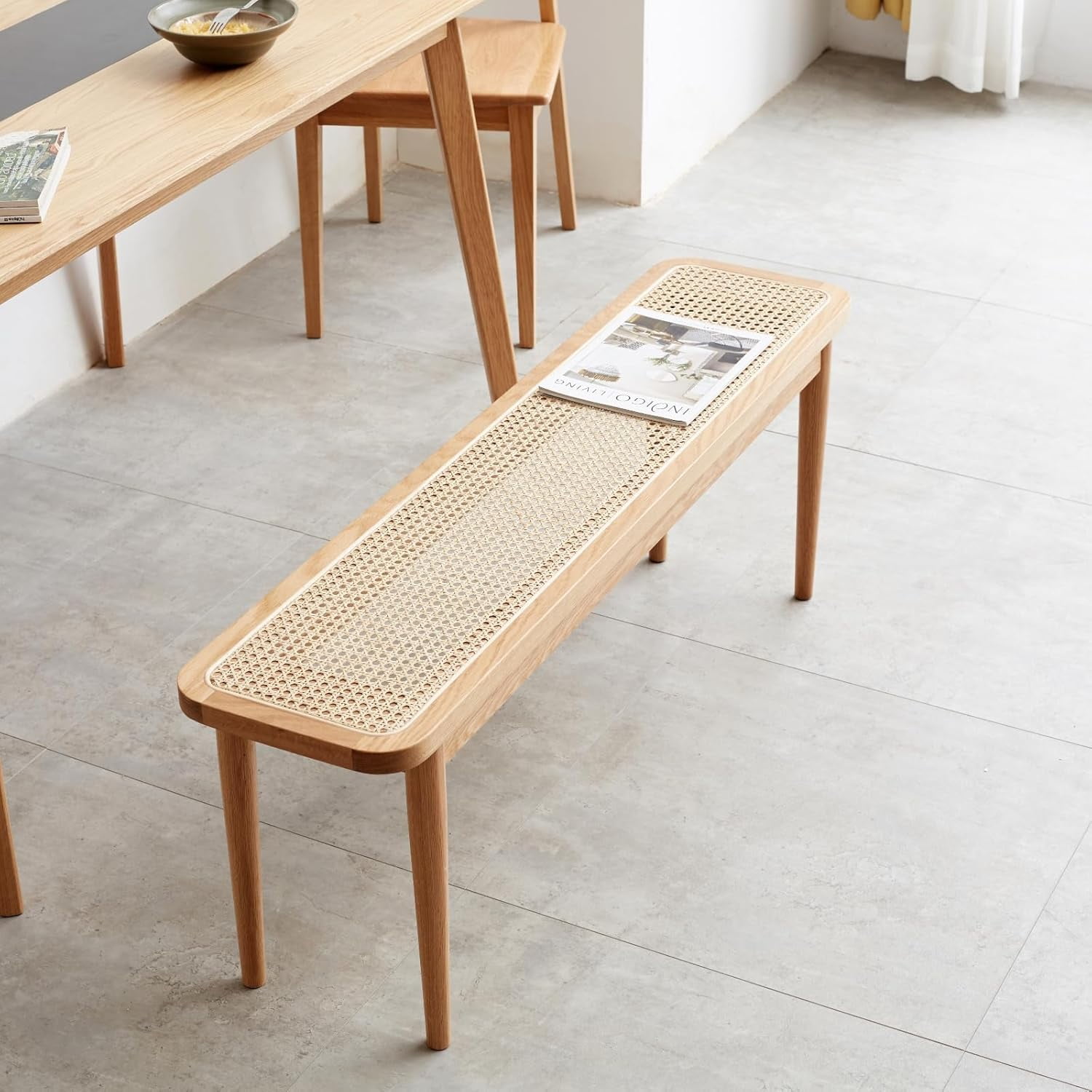 Rattan Dining with Solid Oak Wood Frame, Farmhouse Long Rattan Bed End ...