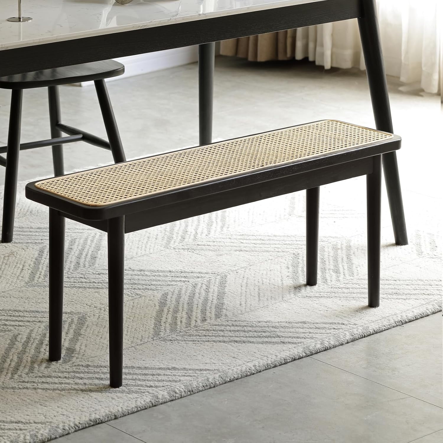 Rattan Dining with Solid Oak Wood Frame, Farmhouse Long Rattan Bed End ...