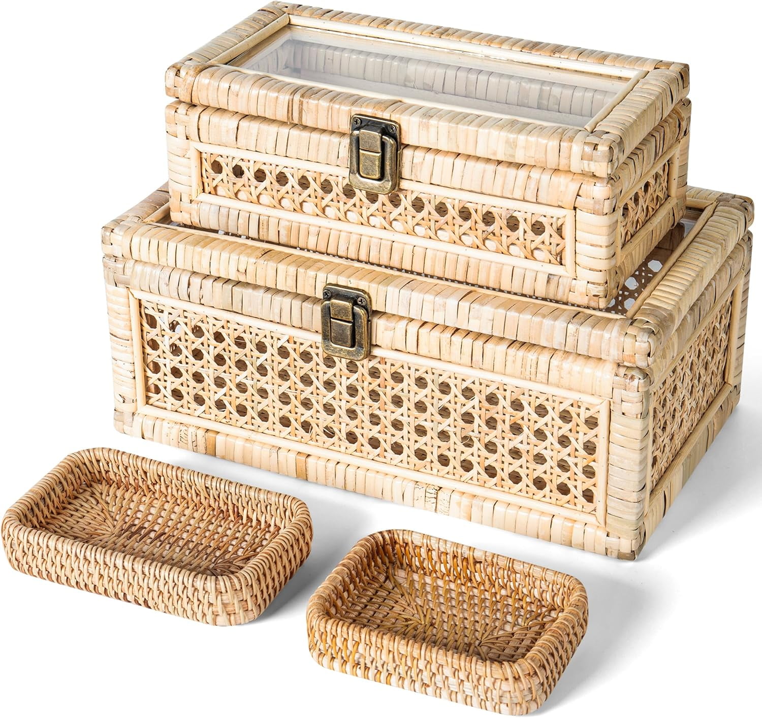 Rattan Display Boxes with Glass Lids - Rectangular Decorative Storage ...