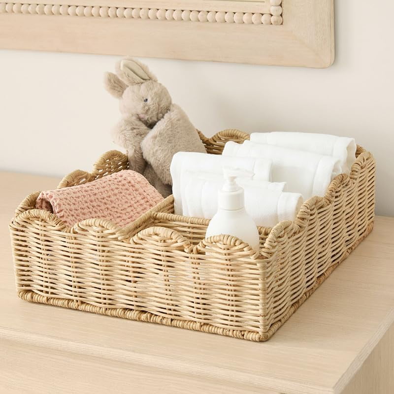 Rattan Divided Scalloped Basket,Wicker Diaper Caddy Scalloped Baske ...