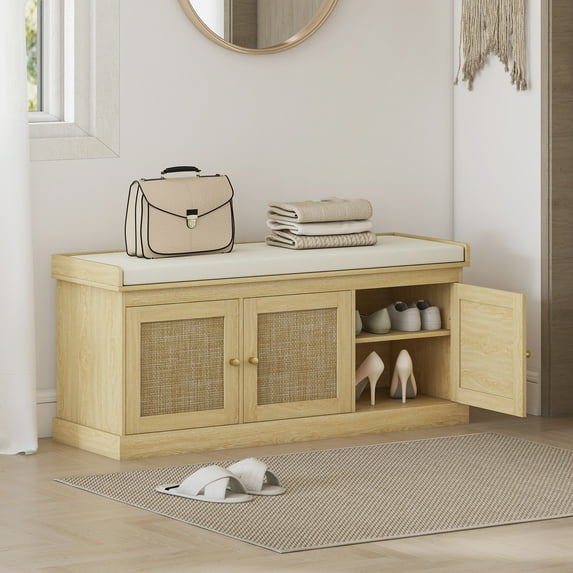 Rattan Door Shoe Bench with Cushion, Adjustable Shelf Boho Style Shoe ...