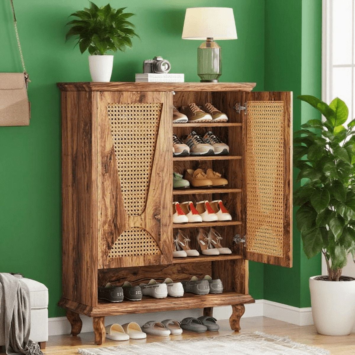Rattan Door Shoe Cabinet - 29.53"W x 13.78"D x 43.31"H, Natural Wood ...