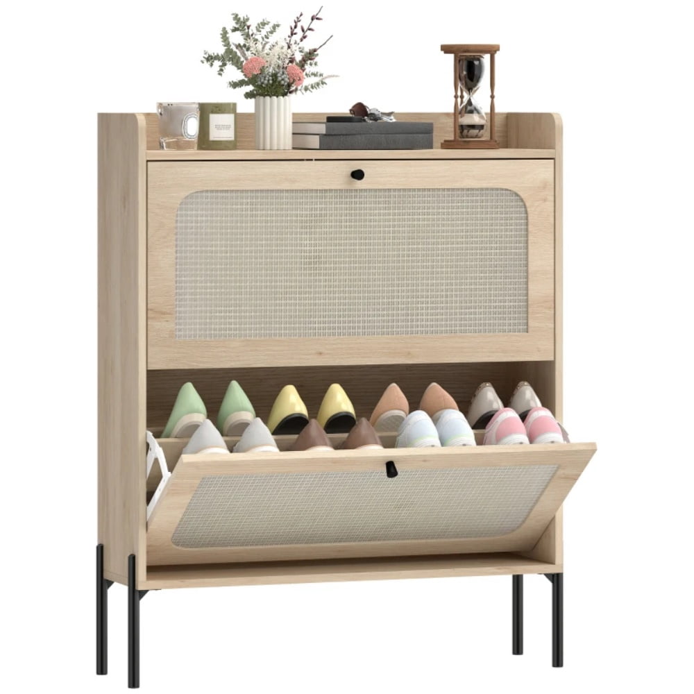 Rattan Door Slim Shoe Cabinet 31.5" Narrow Entryway Shoe Storage Bench ...