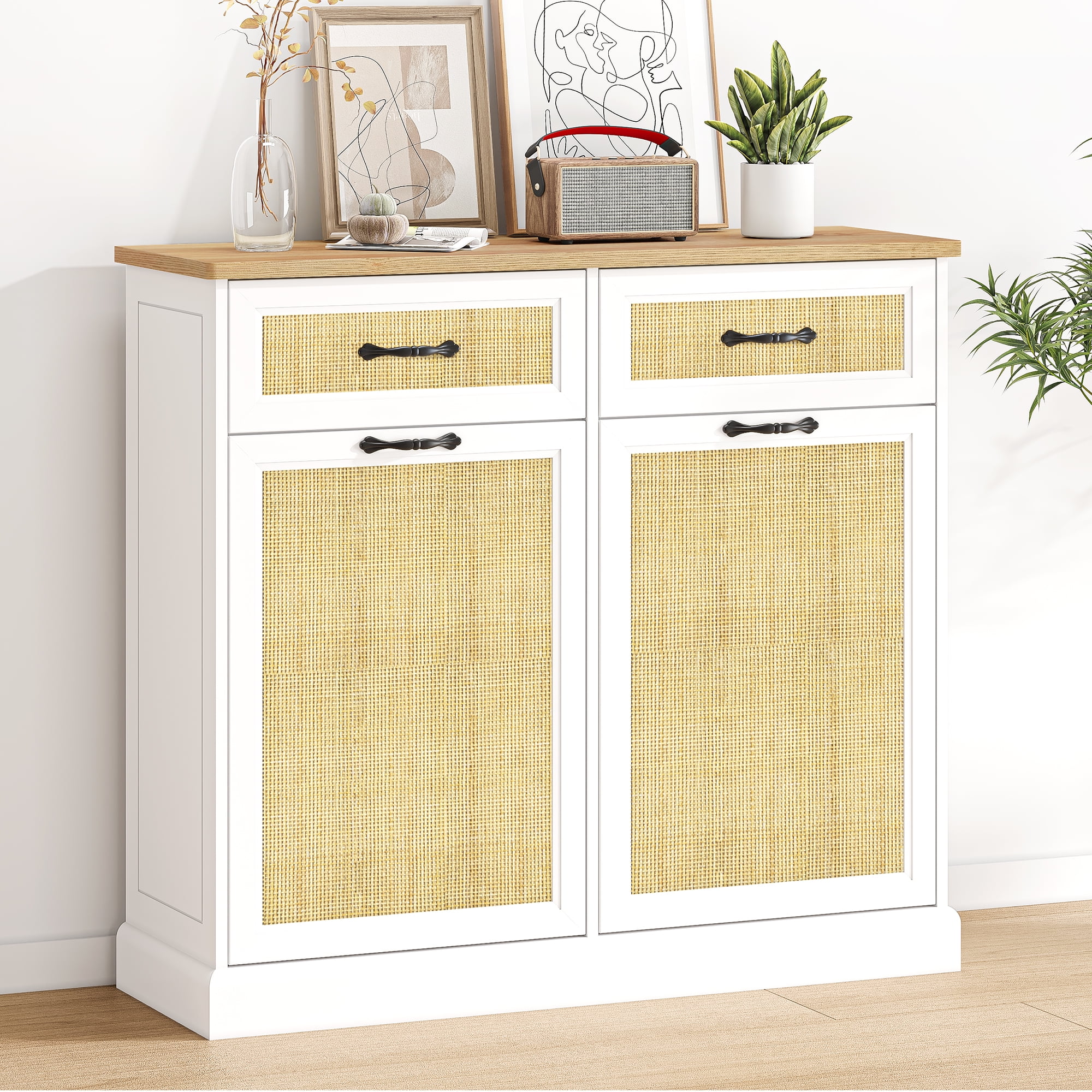 Rattan Double Trash Cabinet Tilt Out, Hidden Trash Can Cabinet 20 ...