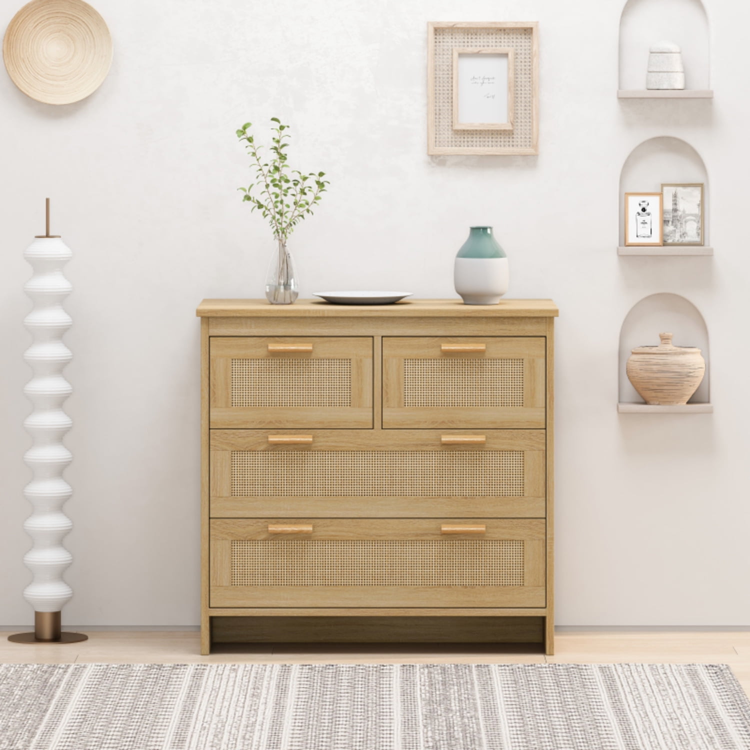 A Rattan Drawer Cabinet with 4 Drawers, Featuring Handles and Anti-tip ...