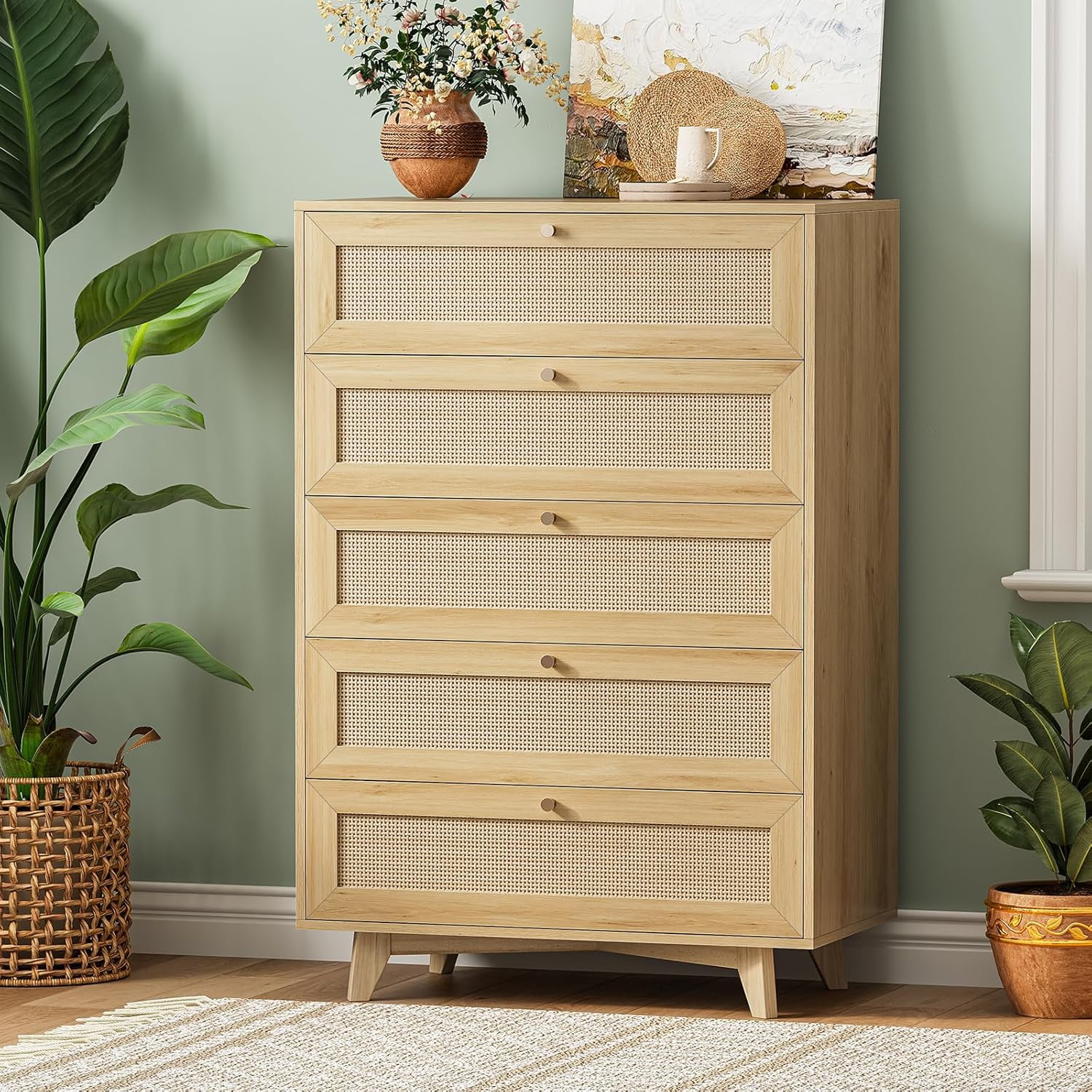 Rattan Dresser for Bedroom with 5 Drawer, Modern Double Wooden Tall ...