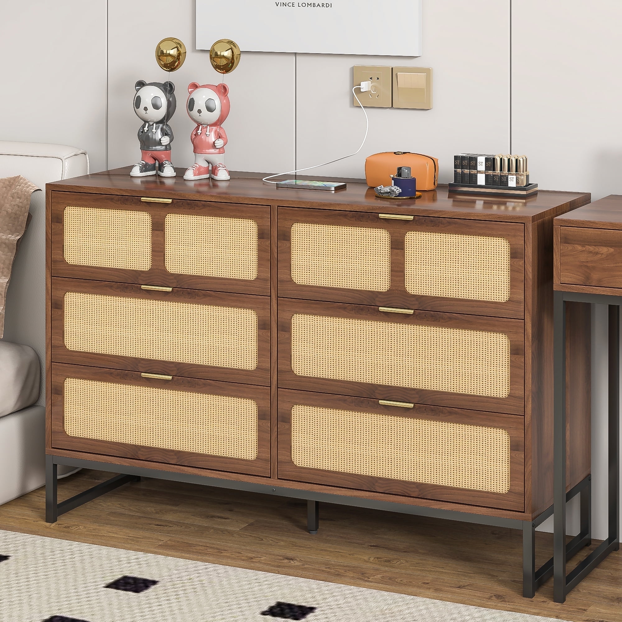 Natural Solid Wooden 6 Drawer Rattan Dresser, Double Dresser, Chest of ...