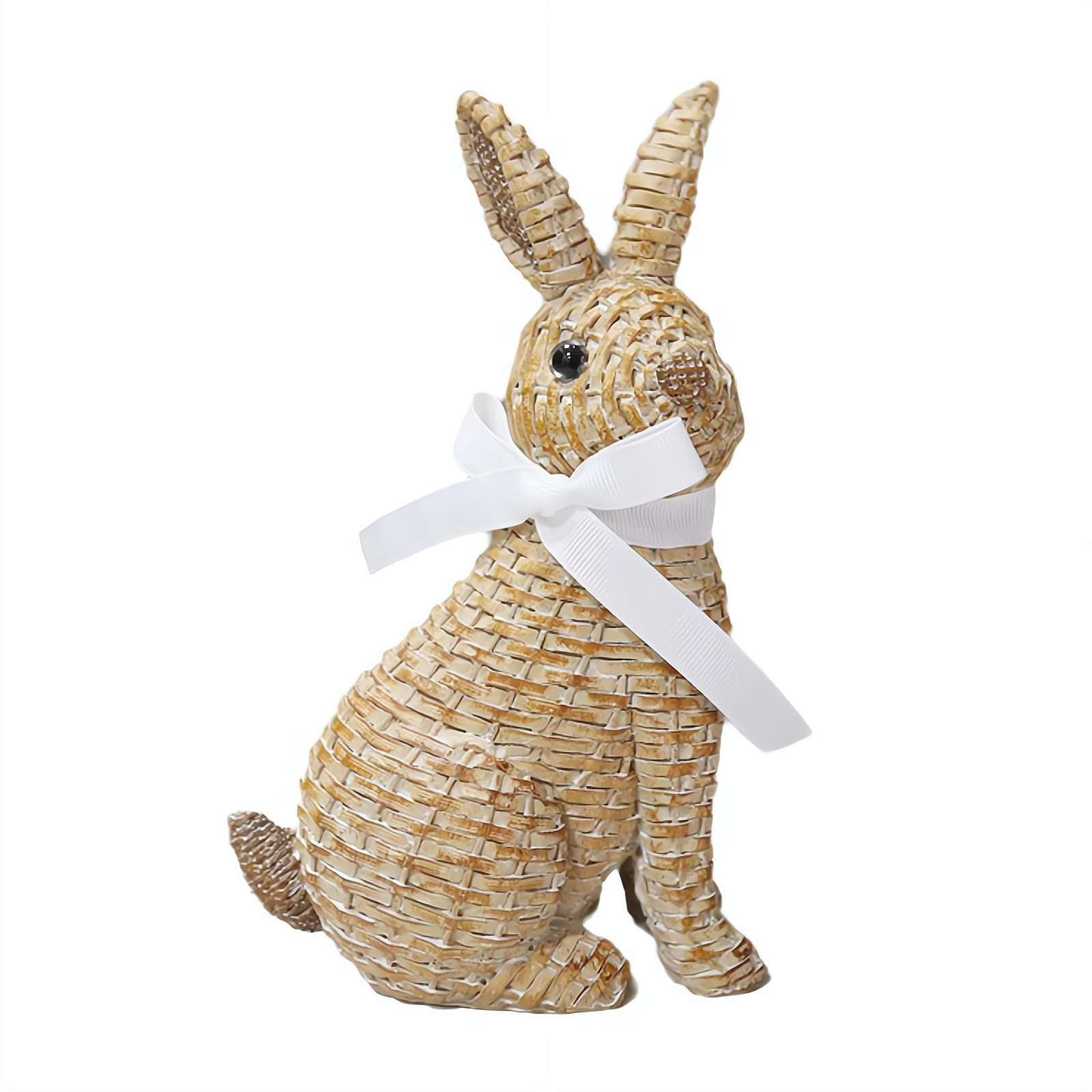 Rattan Effect Resin Bunny Easter Decor - Woven Rattan Rabbit Statue for ...
