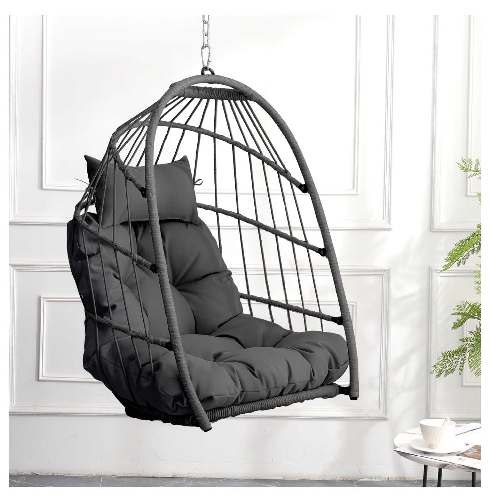 Rattan Egg Swing Chair Outdoor Hanging Chair PE Wicker Gray Foldable ...