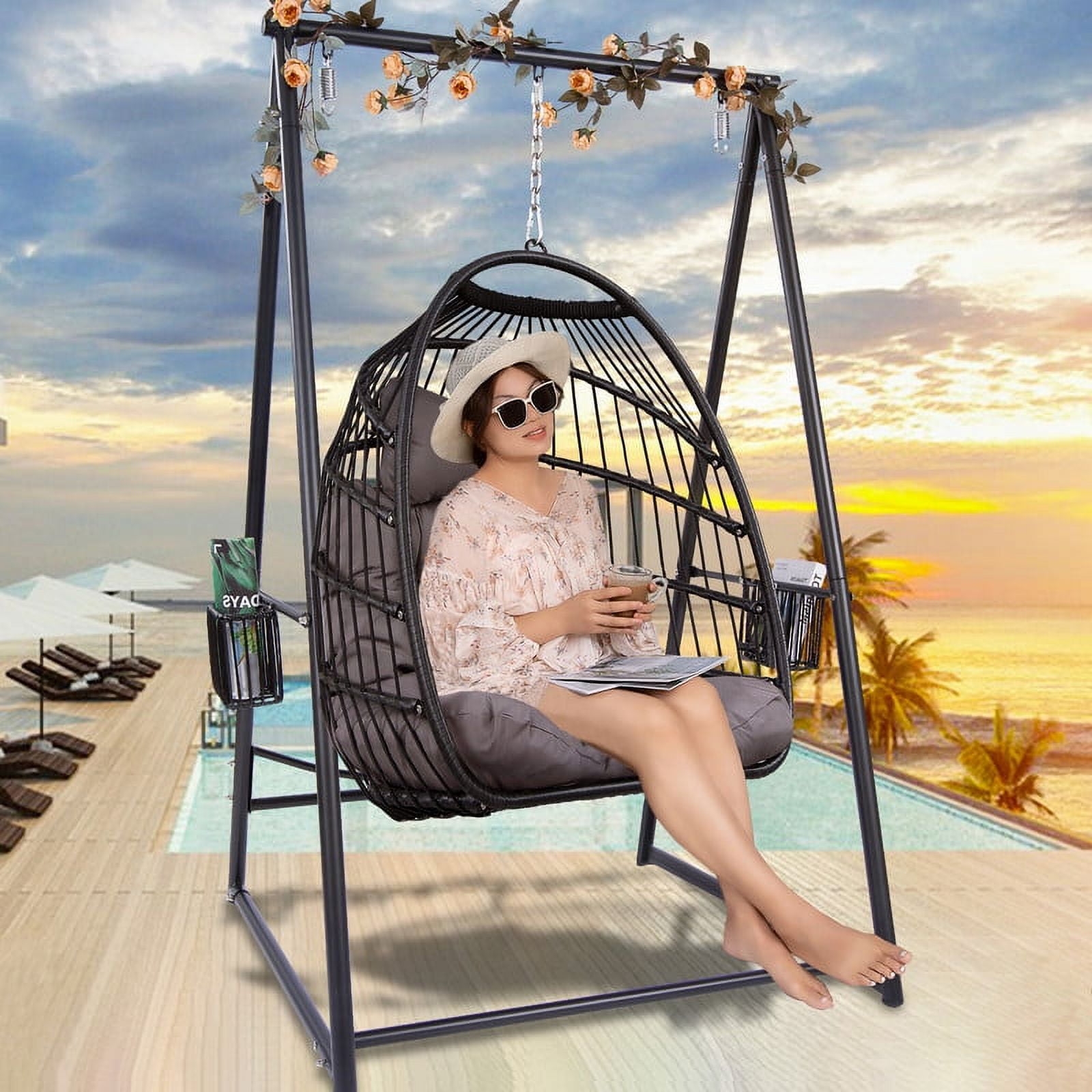 Rattan Egg Swing Chair with Stand & Cushion Set, Heavy Duty Hanging ...