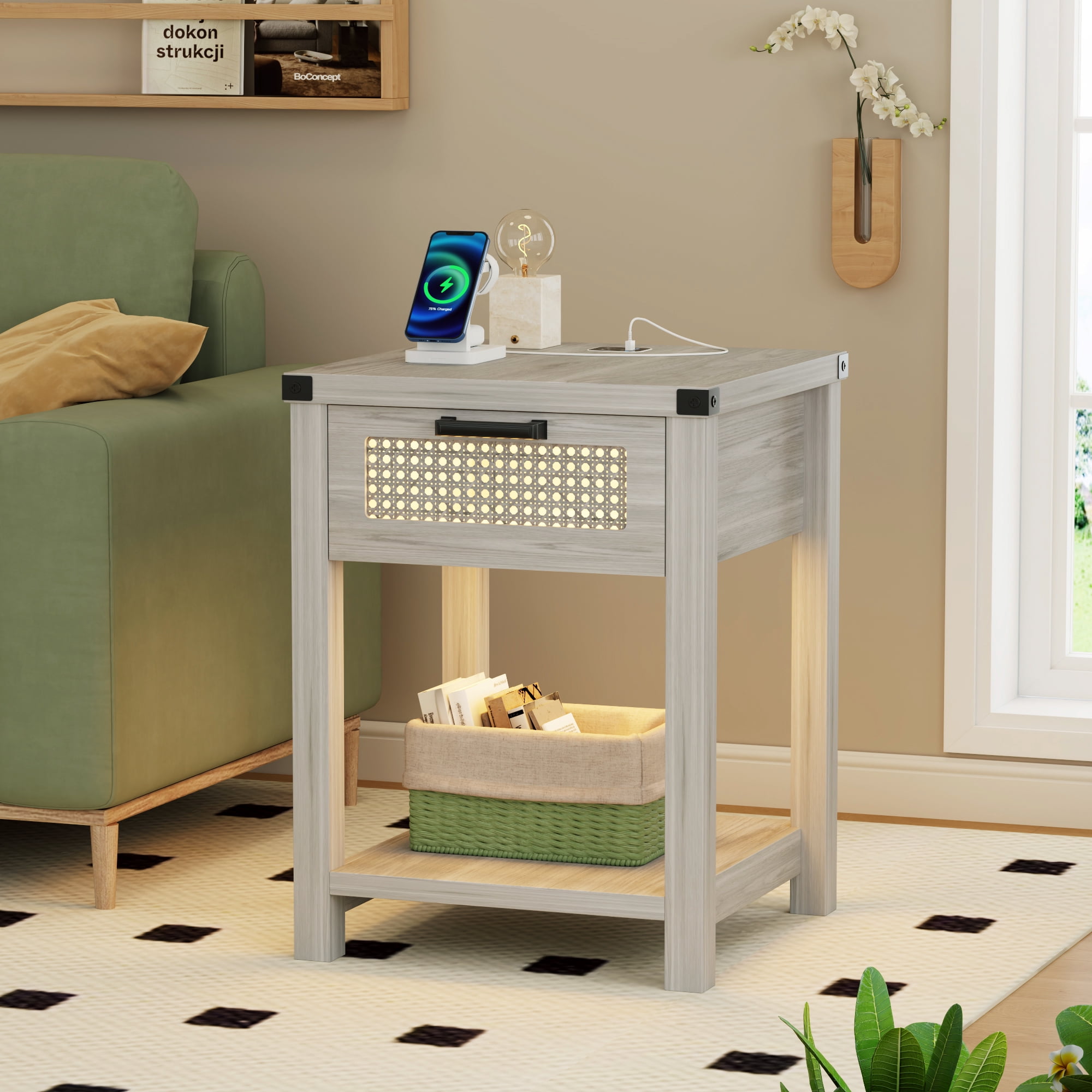Rattan End Table with LED Lights, Sofa Side Table with Human Sensor ...