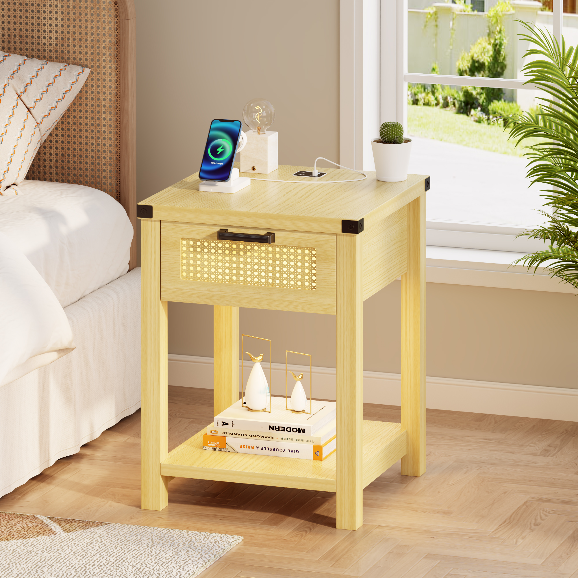 Rattan End Table with LED Lights, Sofa Side Table with Human Sensor ...