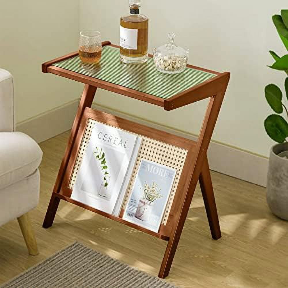 Rattan End Table with Magazine Rack Glass-top Bamboo Sofa Side Table ...