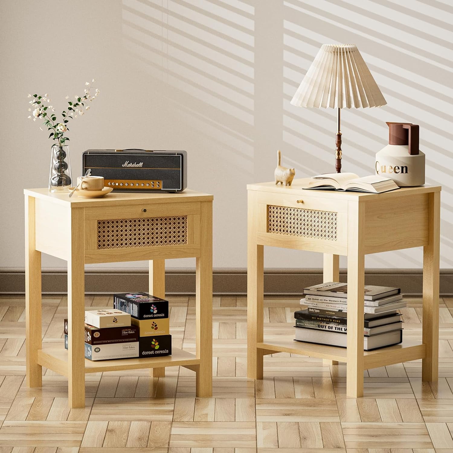 Rattan End Table Nightstand Set of 2, Boho Side Tables with Rattan ...