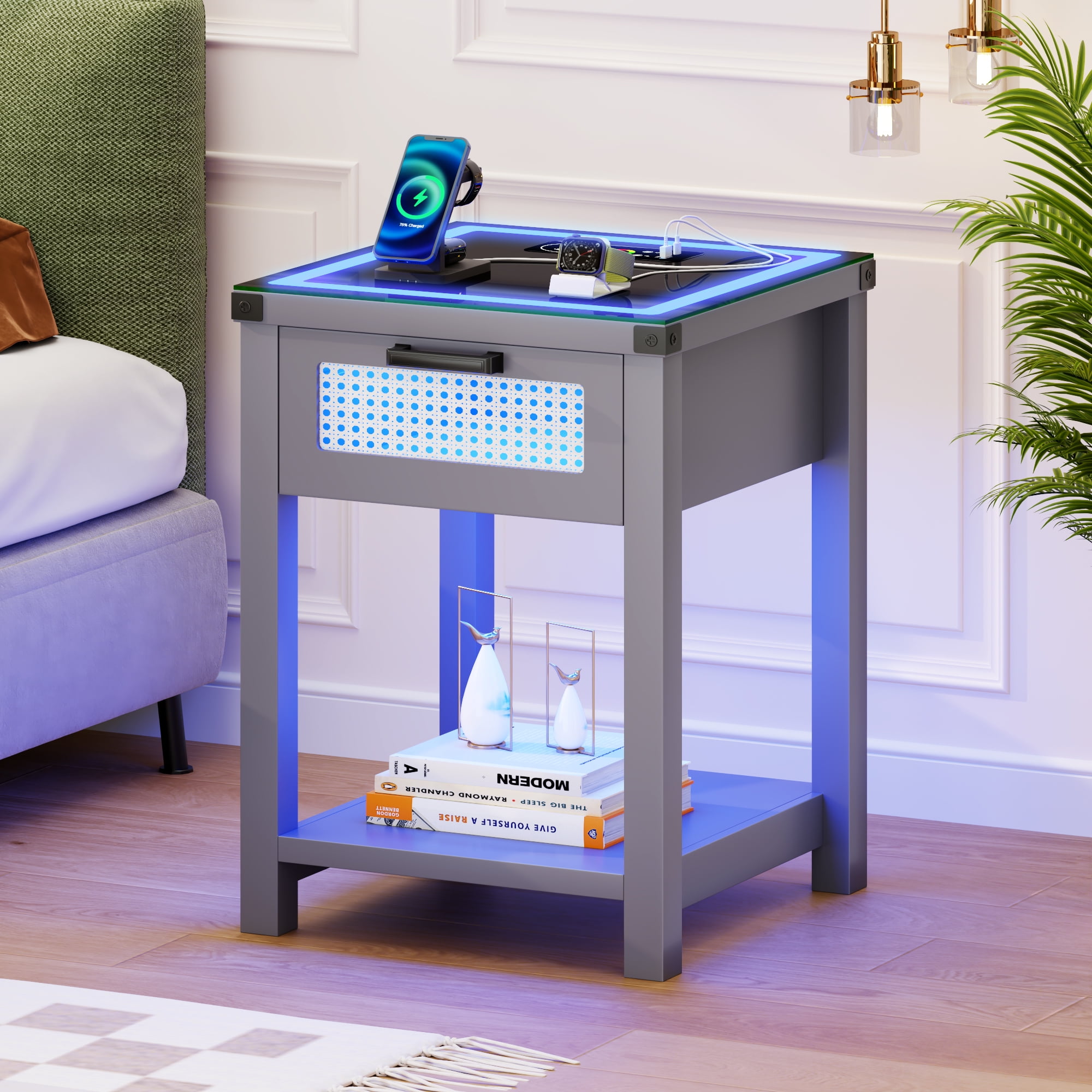 Rattan End Table with RGB LED Lights, Sofa Side Table with Human Sensor ...