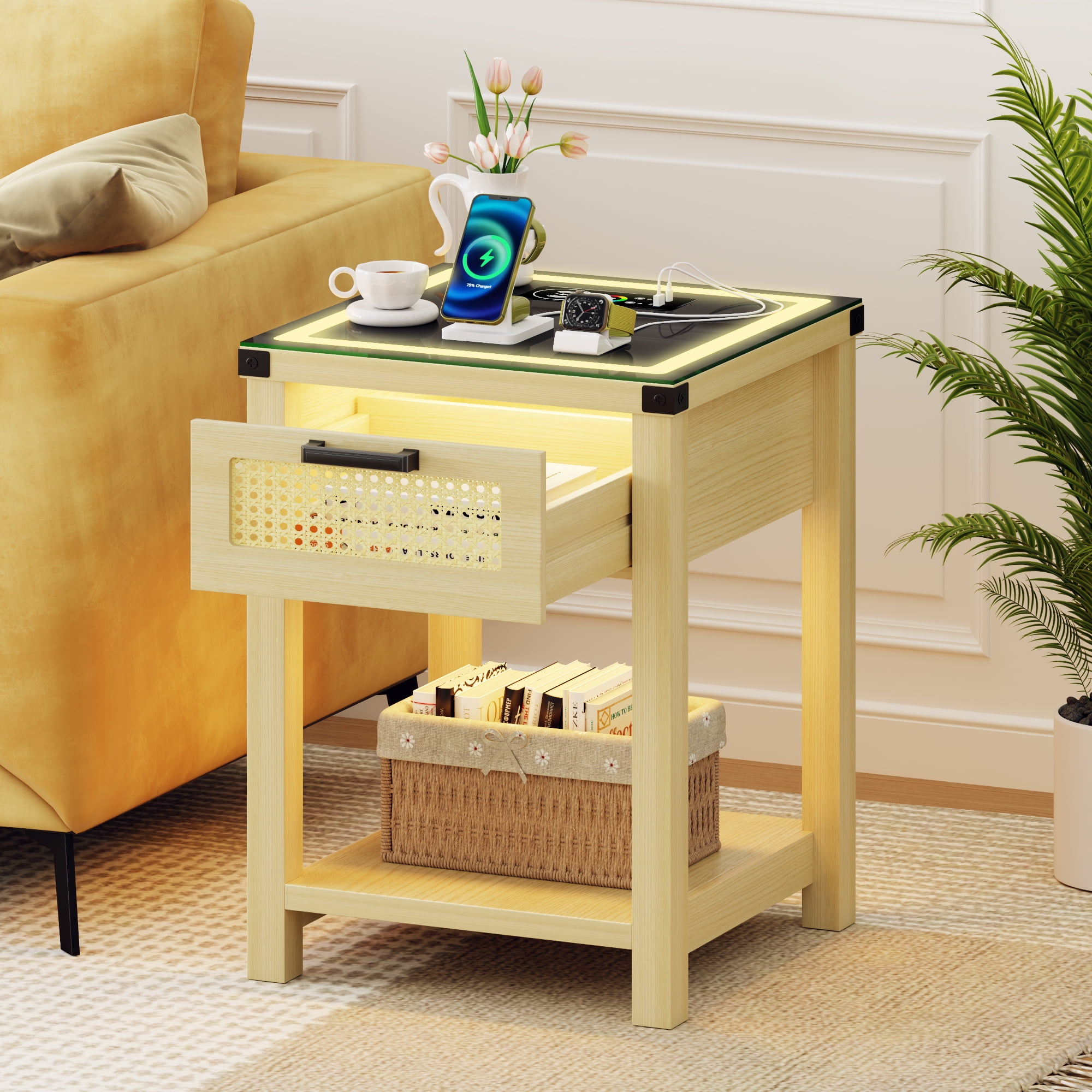 Rattan End Table with RGB LED Lights, Sofa Side Table with Human Sensor ...