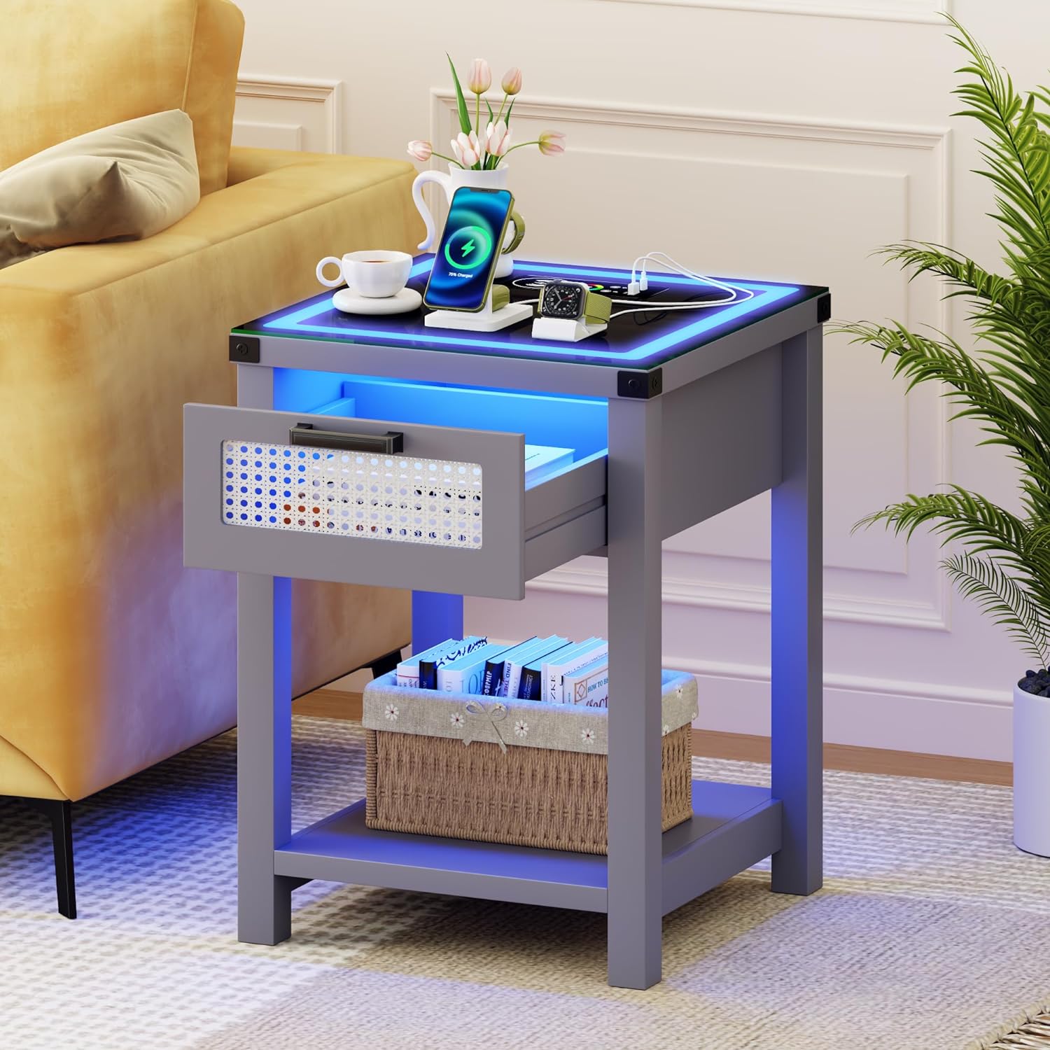 Rattan End Table with RGB LED Lights,Sofa Side Table with Human Sensor ...