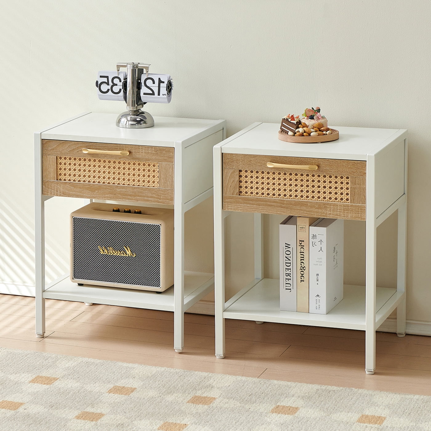Rattan End Table Set of 2 with Storage Drawer and Bottom Shelf, Modern ...
