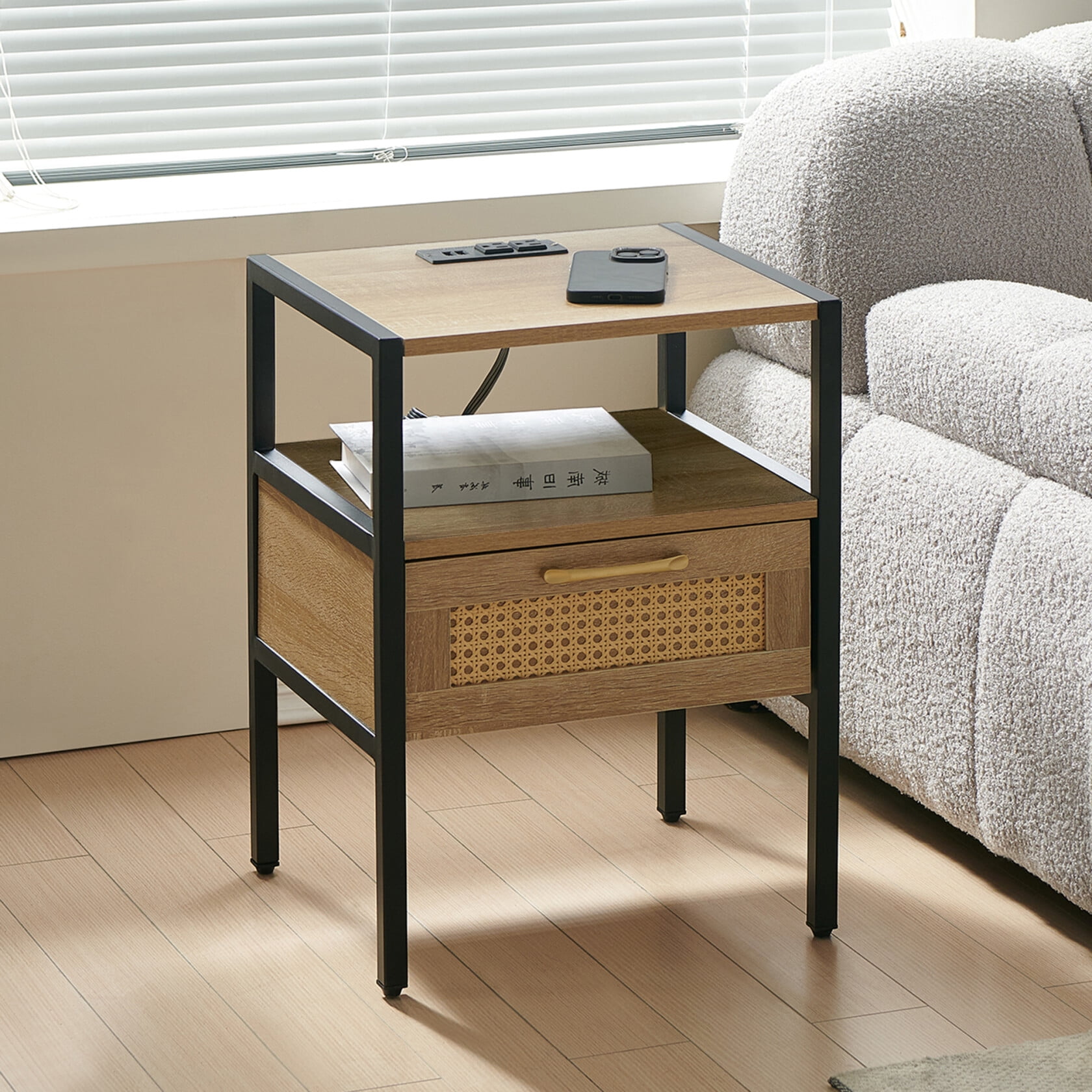 Rattan End Table with Storage Drawer, Open Shelf, Power Outlet and USB ...