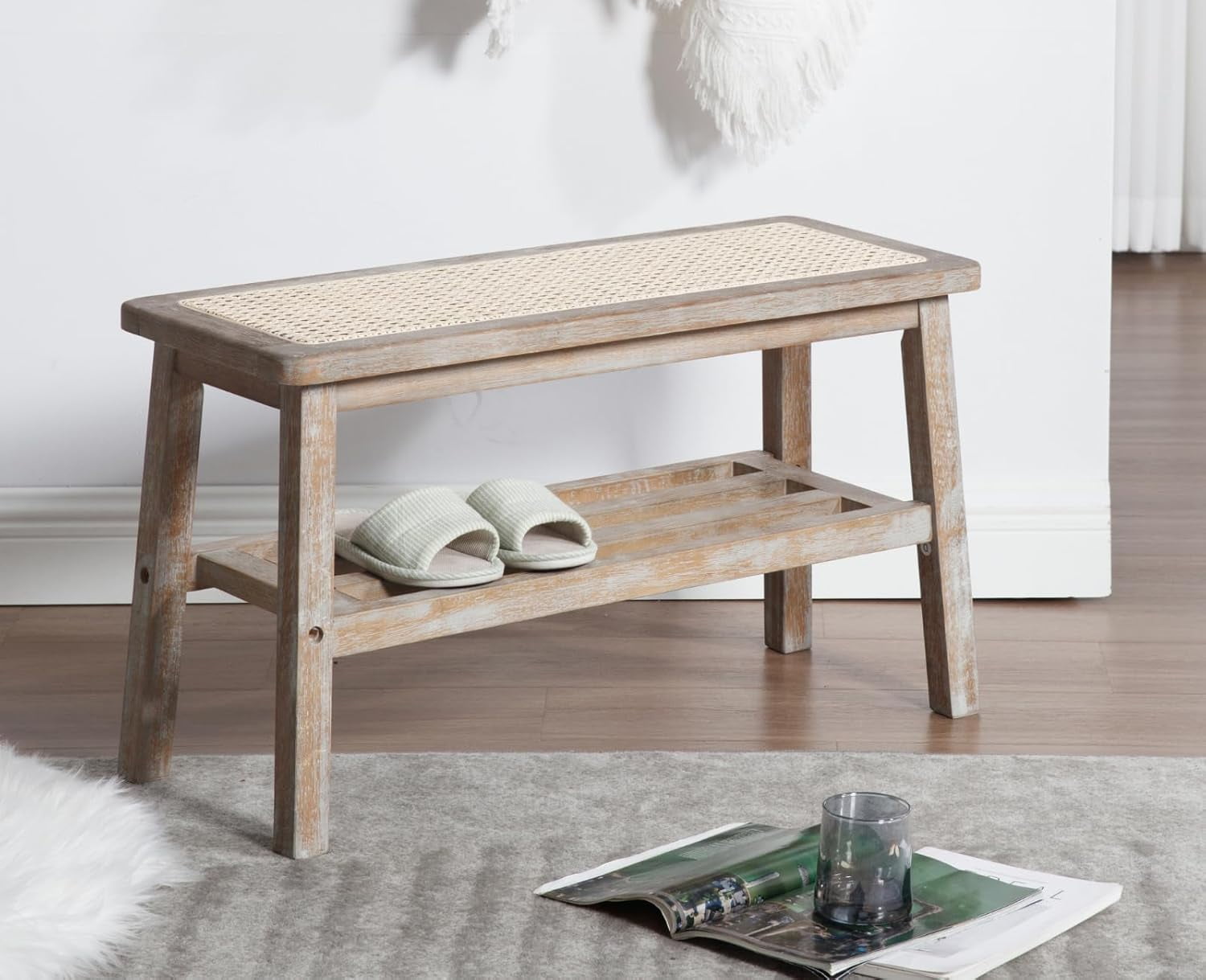Rattan Entryway Bench Natural Wood Shoe Storage Bench Indoor Wicker ...