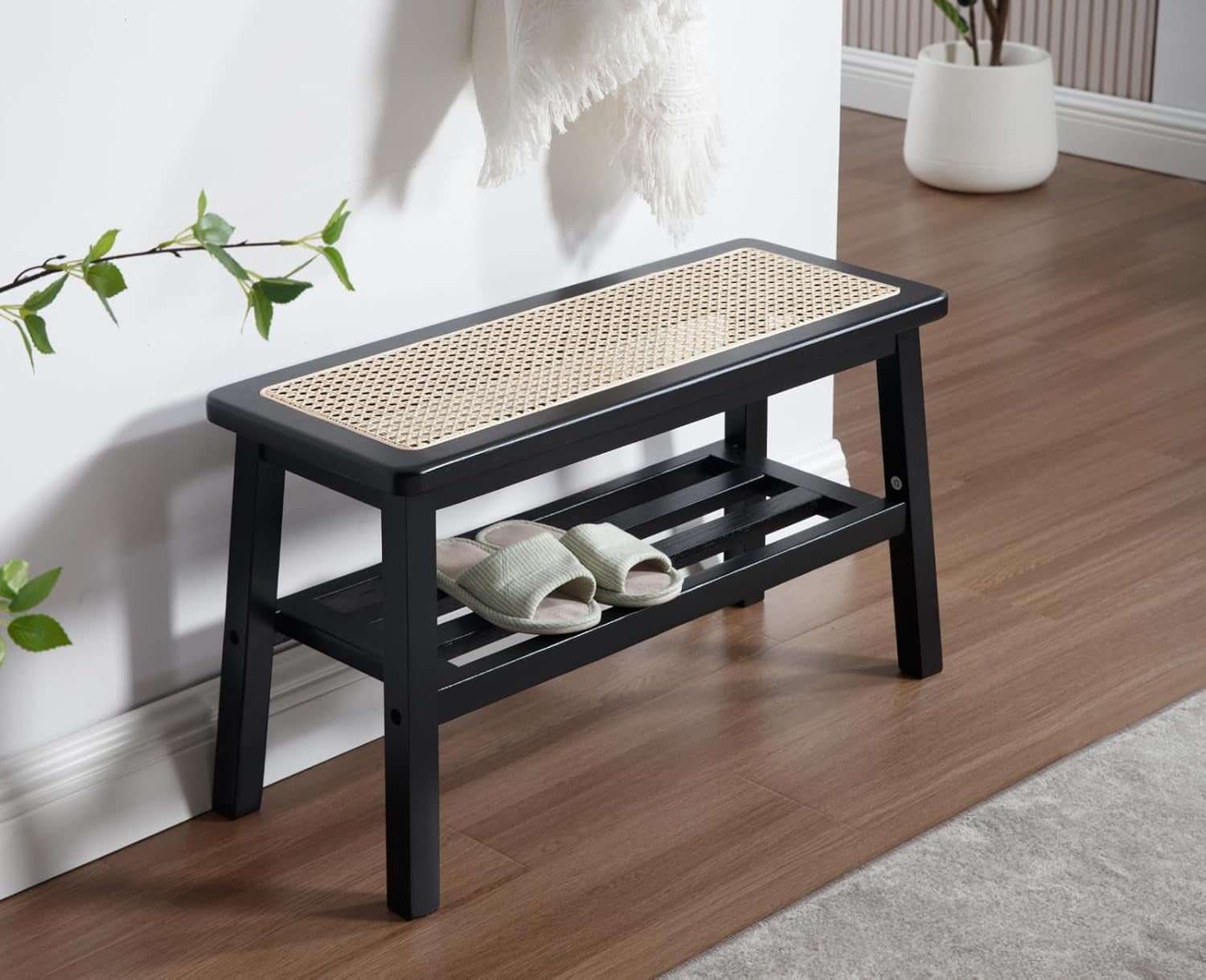 Rattan Entryway Bench with Storage Wood Shoe Rack Bench Farmhouse 2 ...