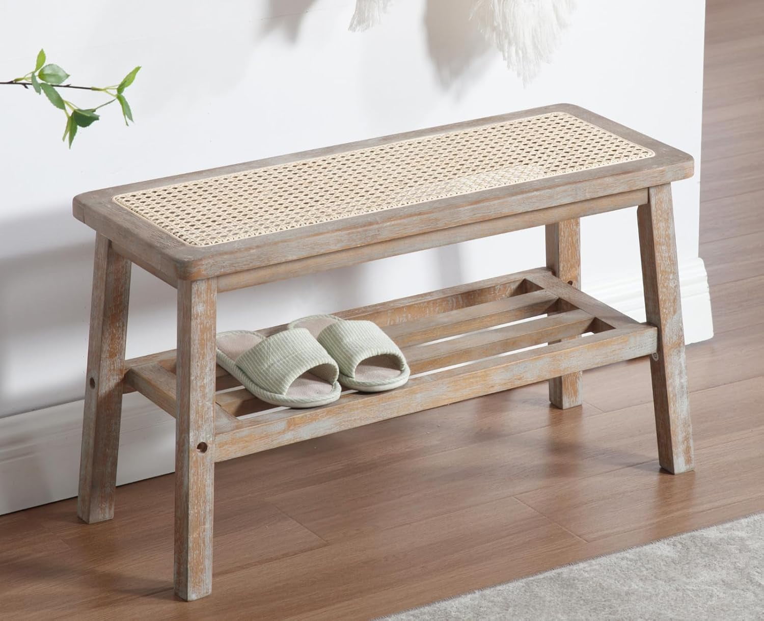 Rattan Entryway Bench Wood Bench with Shoe Rack 30 Inch Small Bench ...