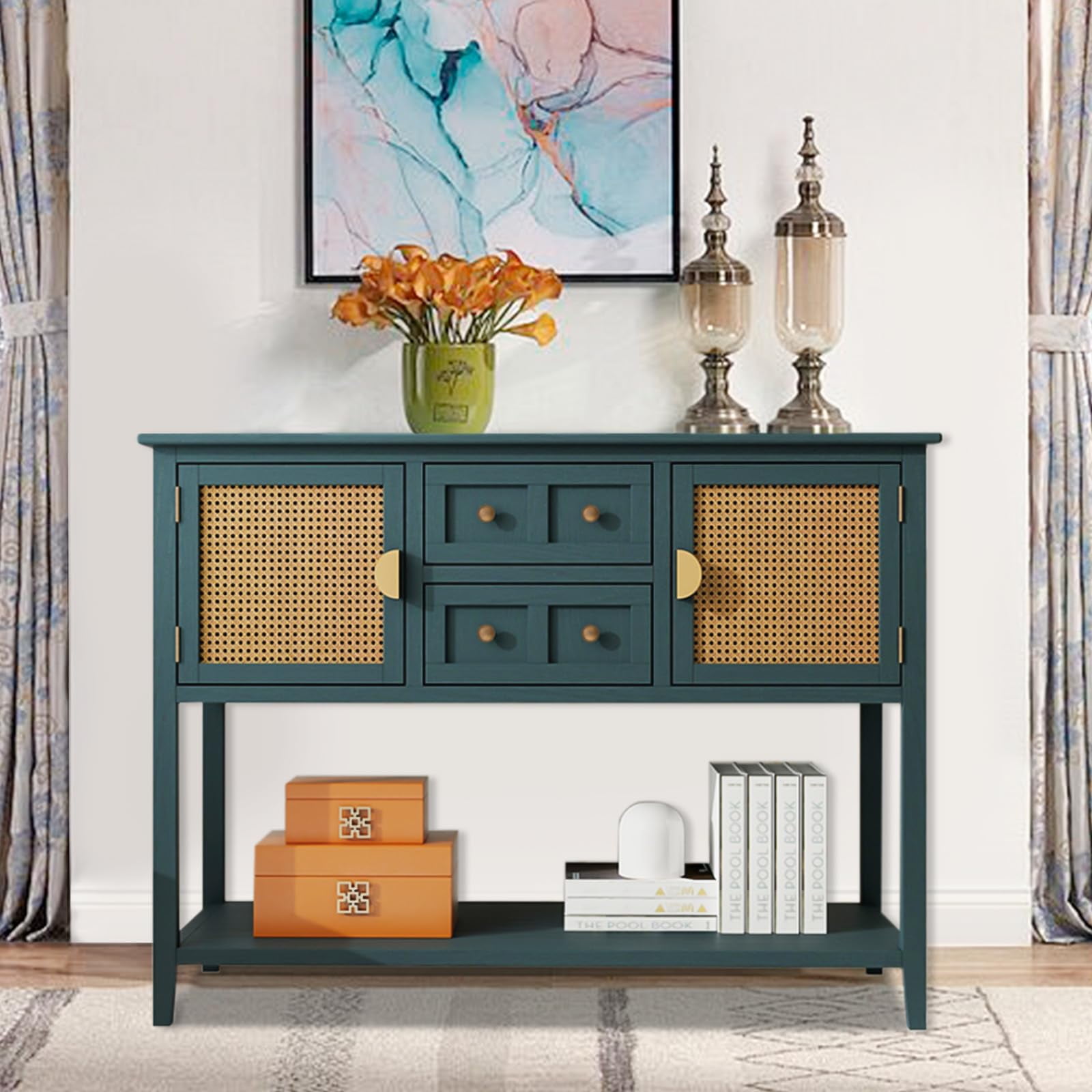 Rattan Entryway Table Console Table with Drawers, Accent Sofa Table ...
