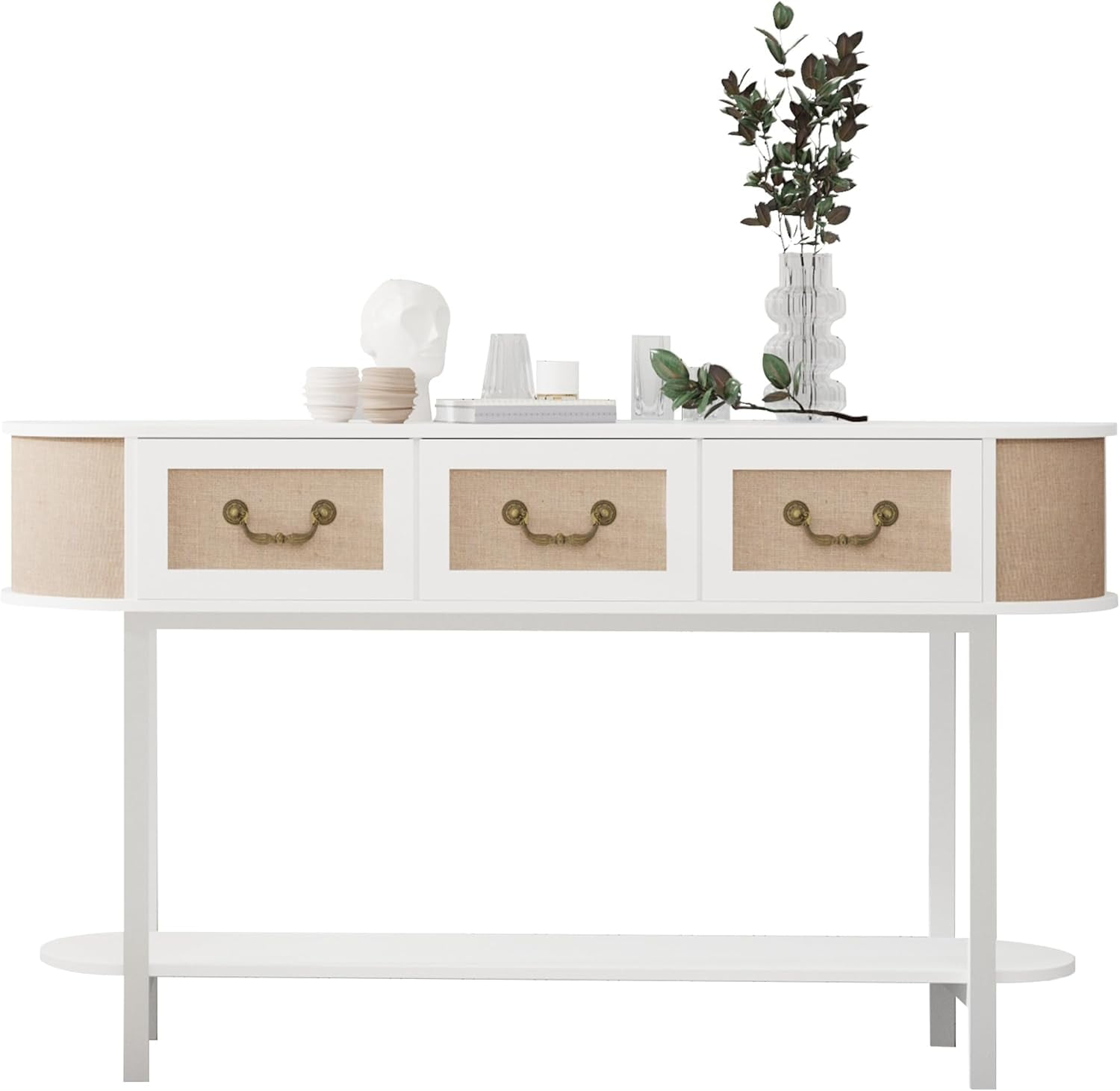 Rattan Entryway Table with Storage, White Narrow Oval Console Table ...