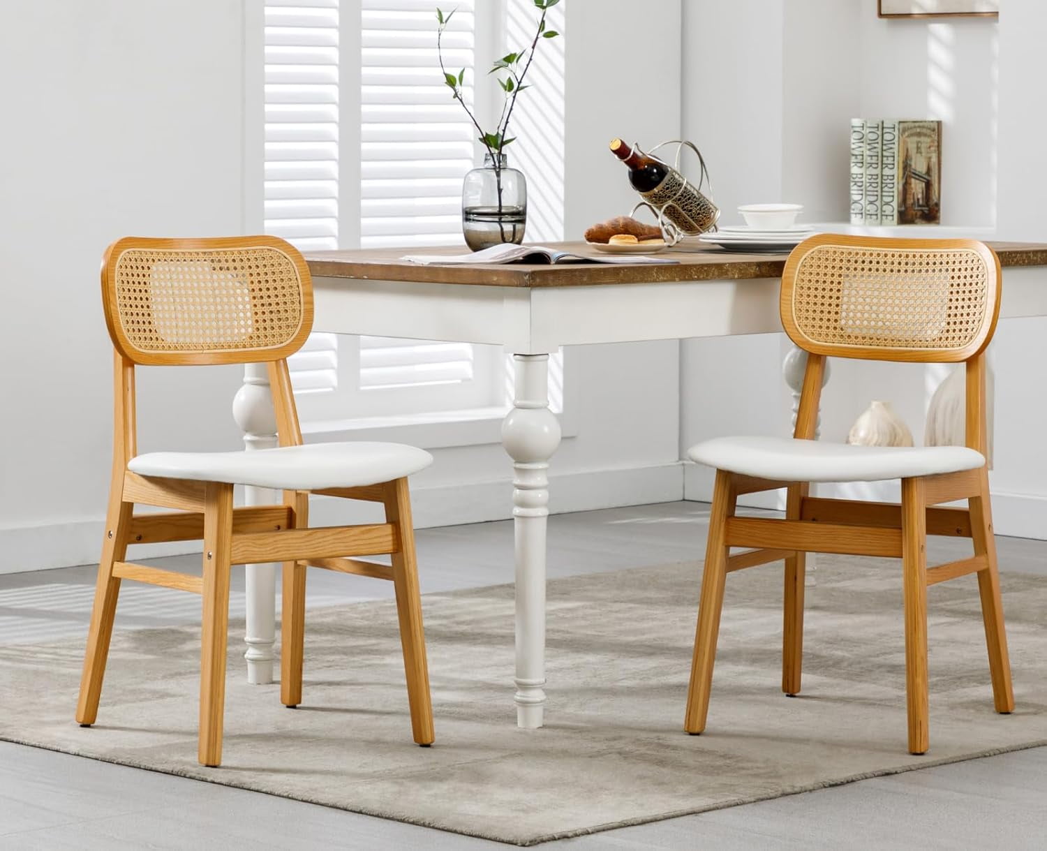 Rattan Farmhouse Dining Chairs Set of 2 White PU Leather Dining Room ...