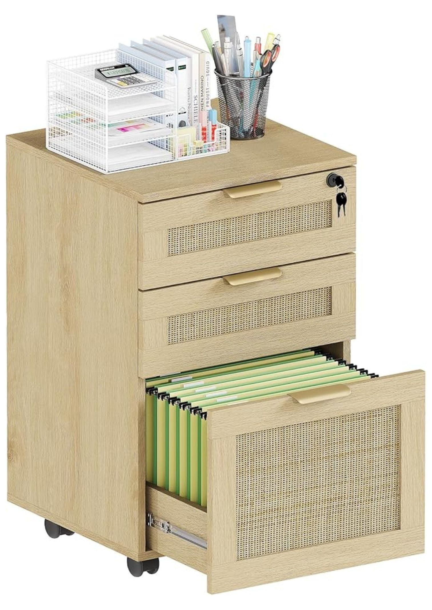 Rattan File Cabinet 3 Drawer, Locking Rolling Filing Cabinet for Home ...